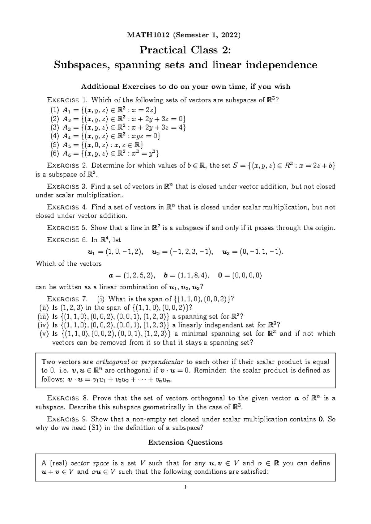 Week 2 Additional Practice Questions - MATH1012 (Semester 1, 2022) Practical Class 2: Subspaces ...