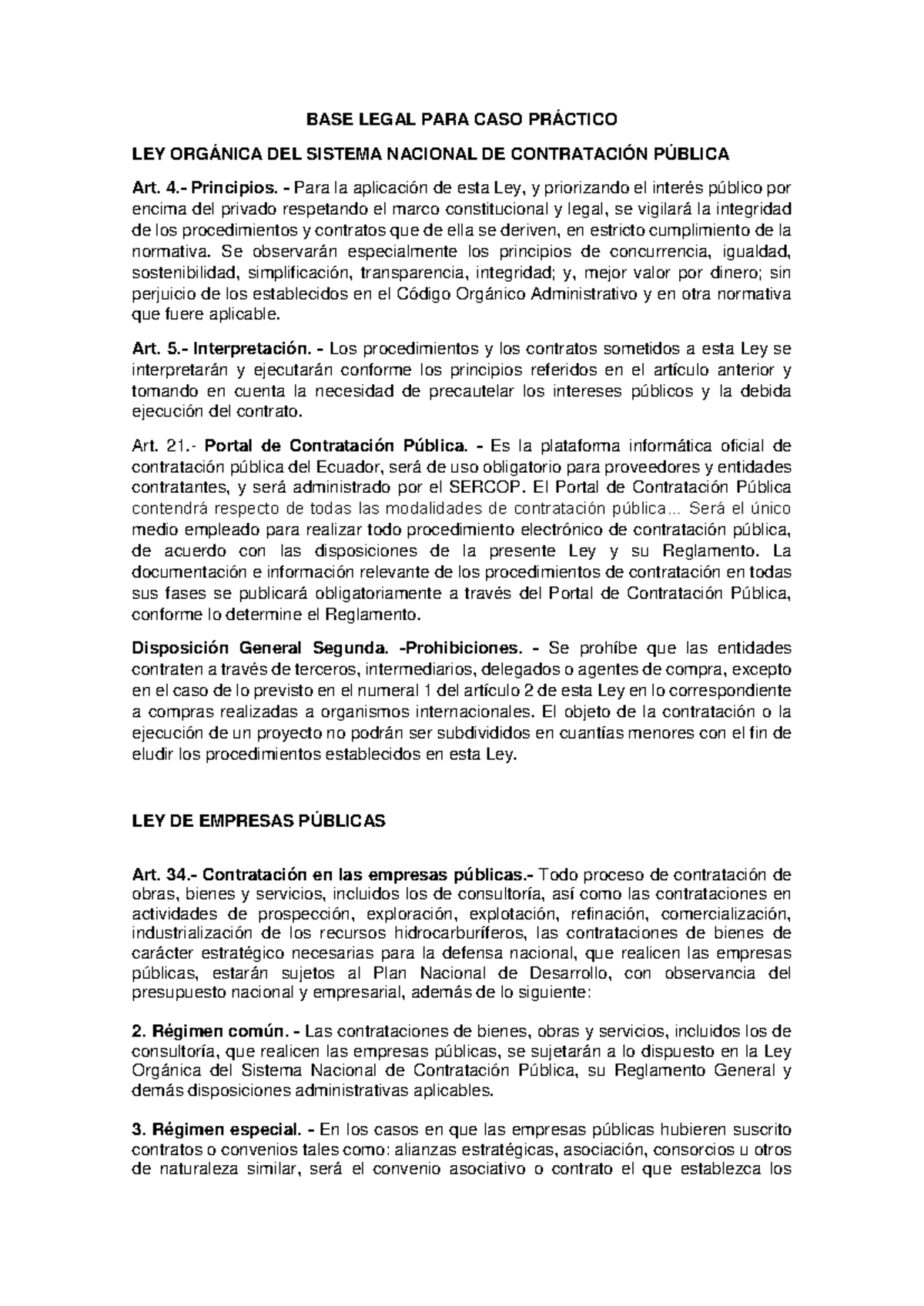 BASE LEGAL PARA CASO PRÁCTICO: LEY ORGÁNICA DE CONTRATACIÓN PÚBLICA ...