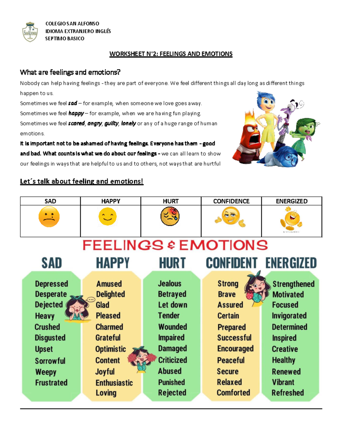 COLEGIO SAN ALFONSO 7MO BÁSICO Worksheet: Feelings & Emotions - Studocu