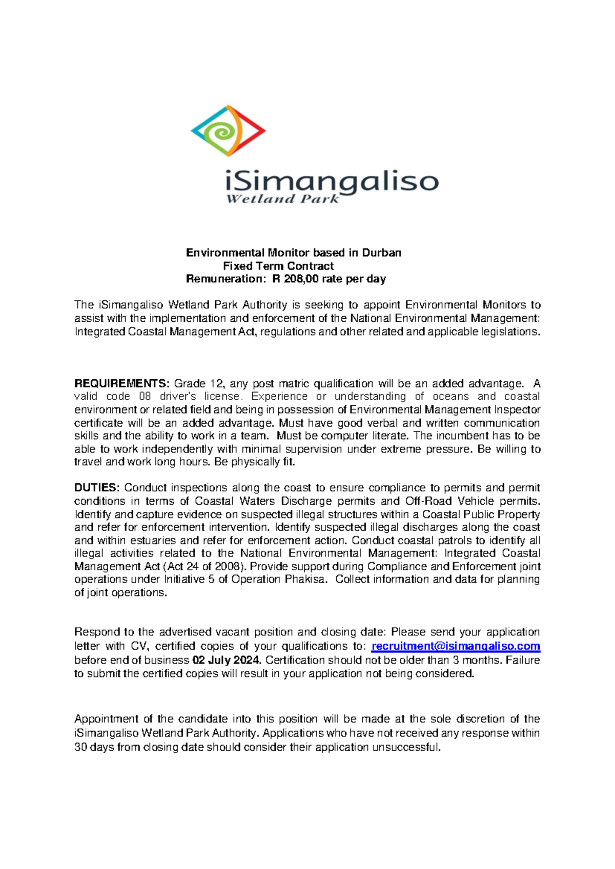 Environmental Monitors Recruitment - Durban Fixed Term Contract - Studocu