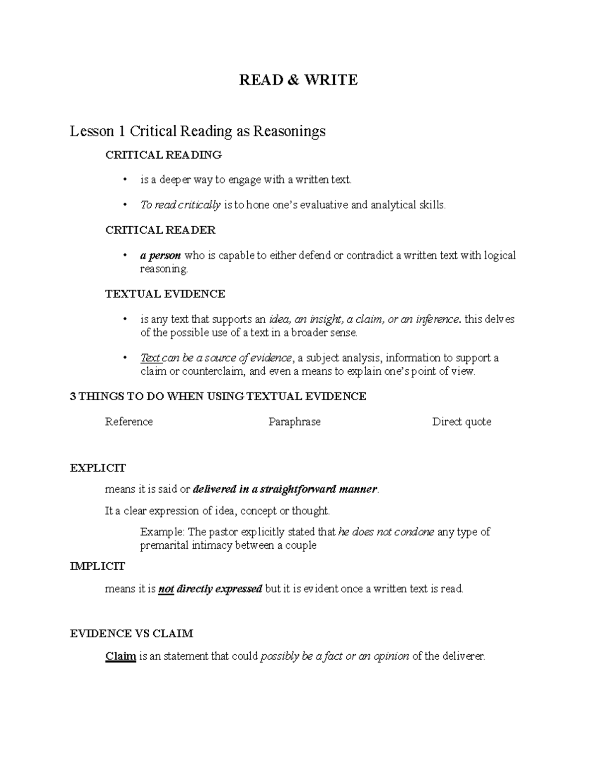 READ WRITE Lesson 1: Critical Reading & Reasoning Techniques - Studocu