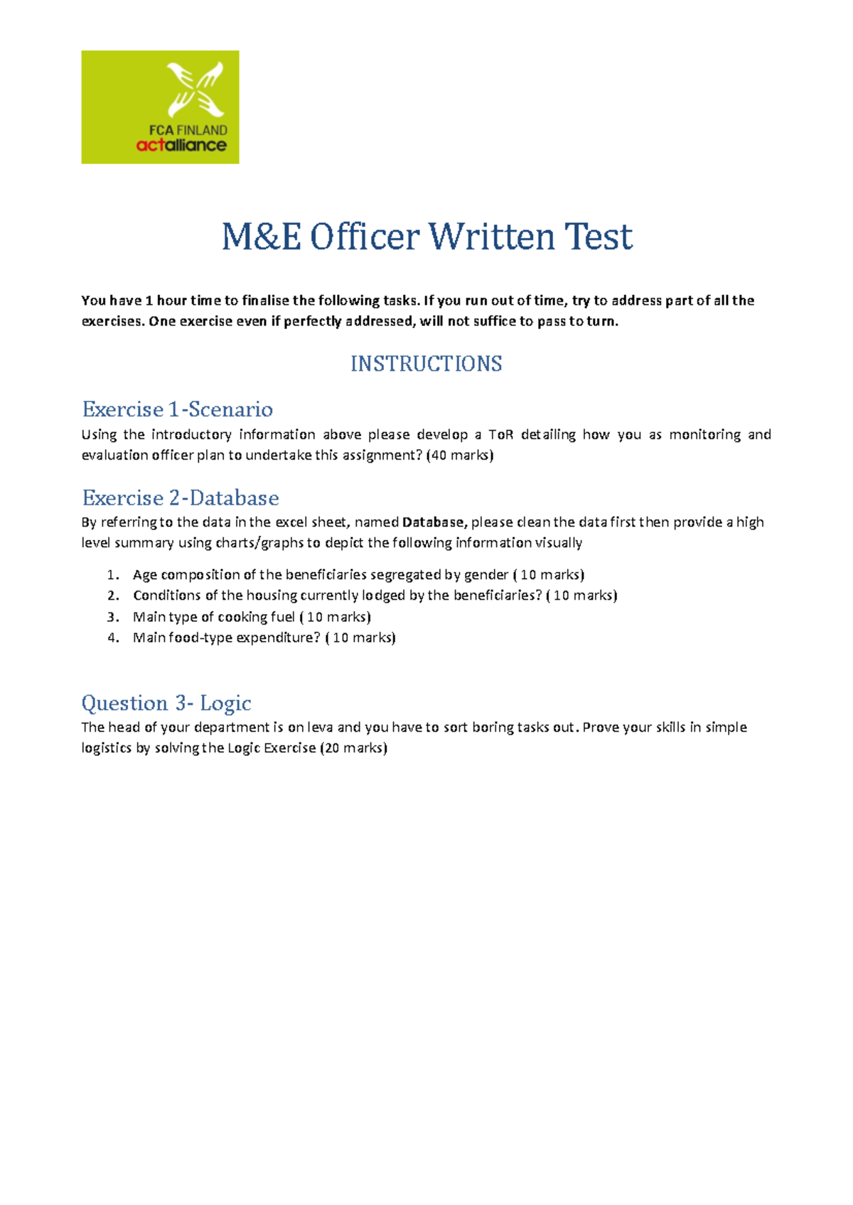M&E Officer Written Test Instructions & Exercises Overview - Studocu