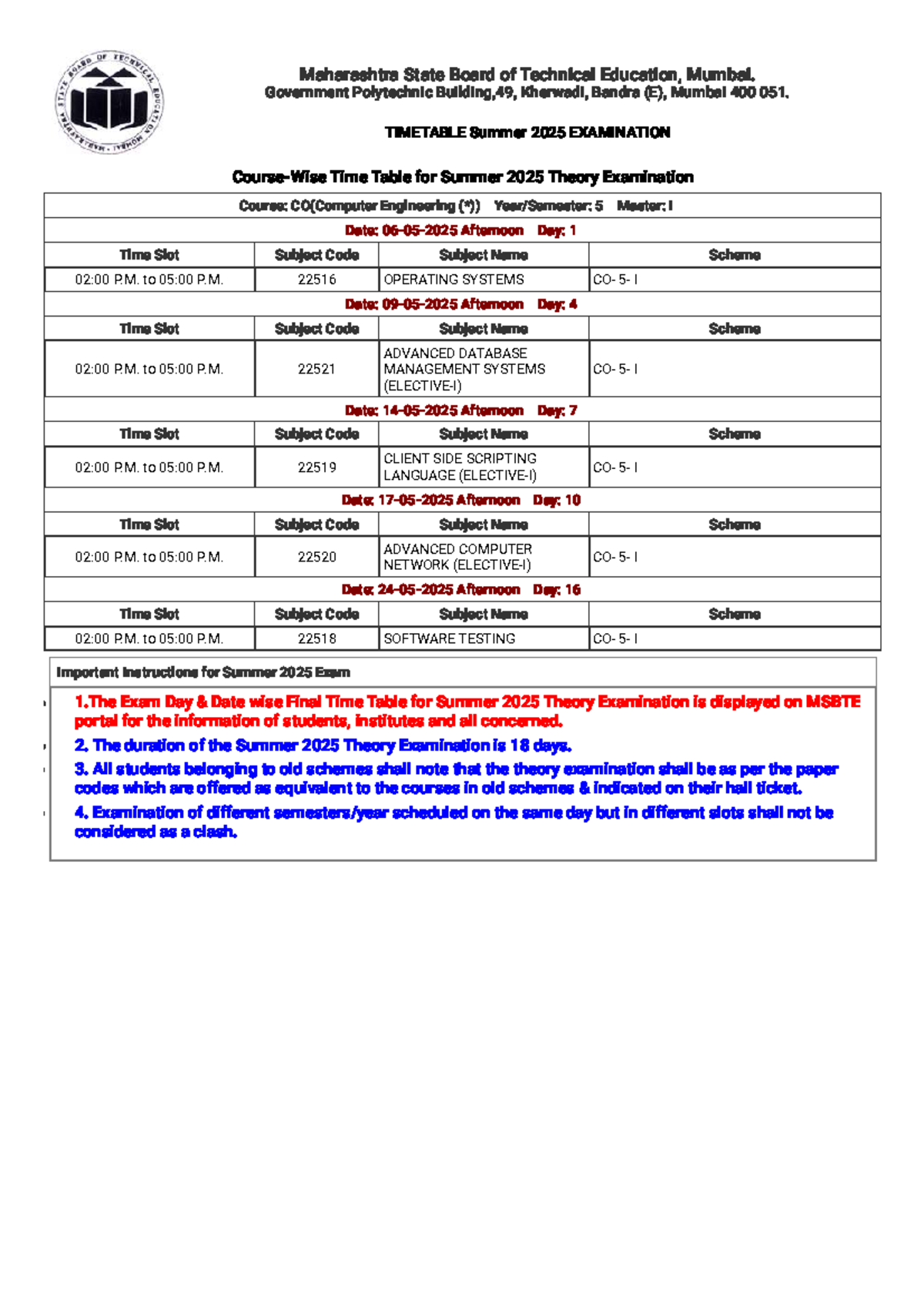 CO 5th Sem Summer 2025 Exam Timetable for Theory Subjects - Studocu
