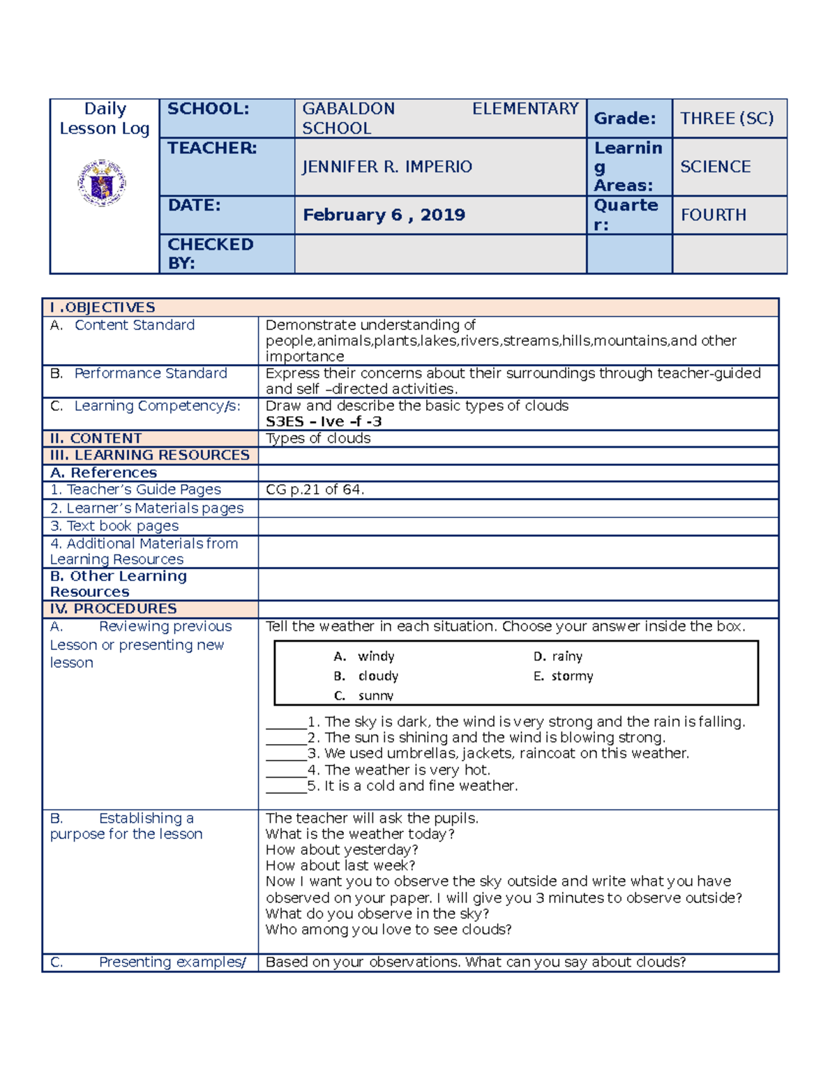 Grade 3 COT Science Q4 - Lesson Plans on Cloud Types - Studocu