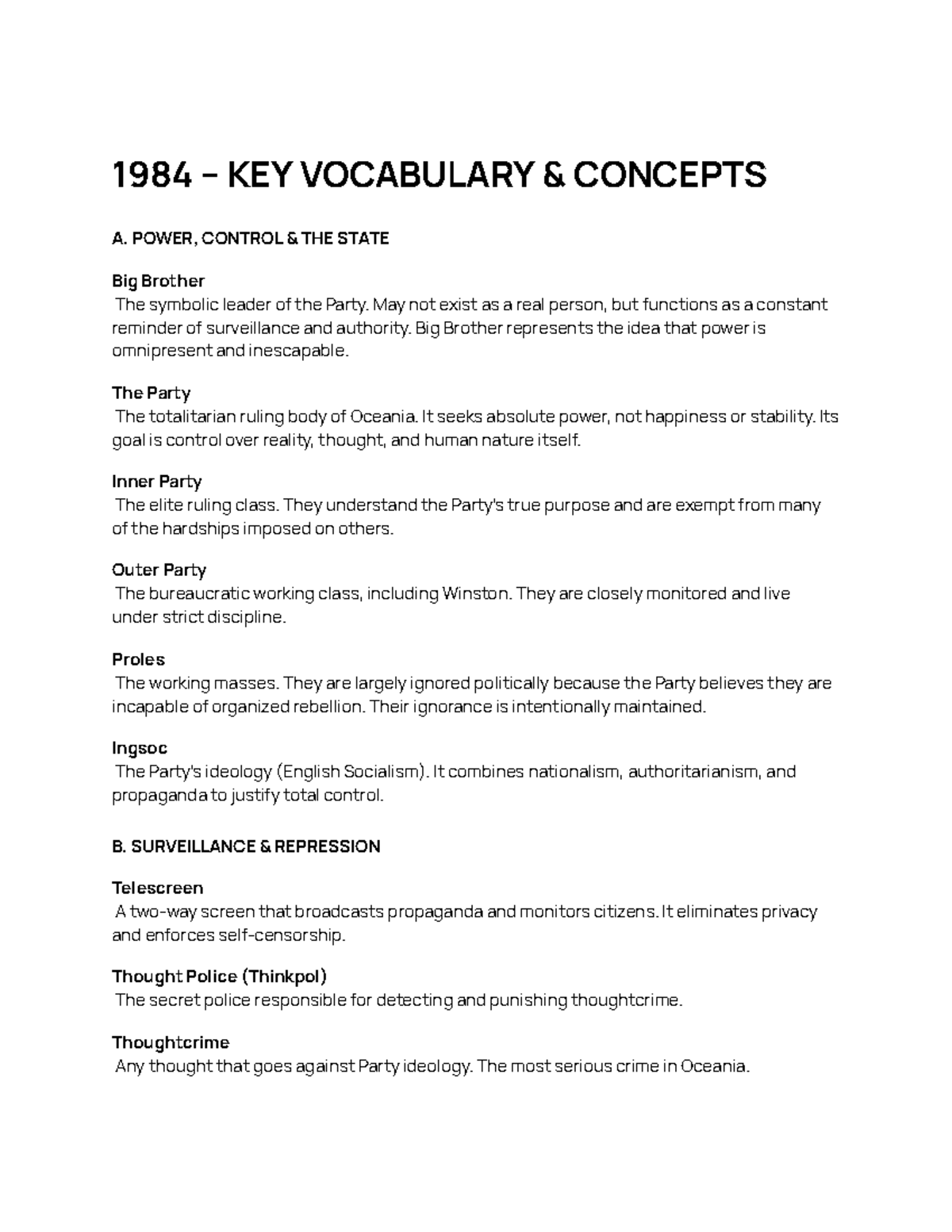 1984 – KEY Vocabulary & Concepts - 1984 – KEY VOCABULARY & CONCEPTS A ...
