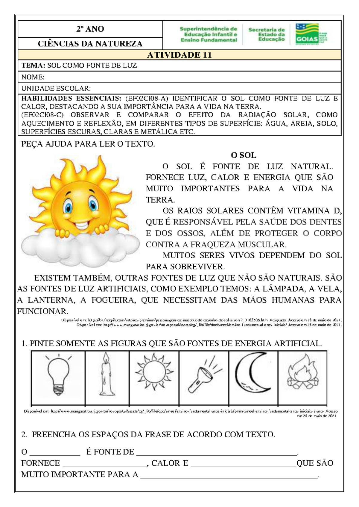 Atividade 11 - 3º Ano - Ciências: O Sol como Fonte de Luz - Studocu