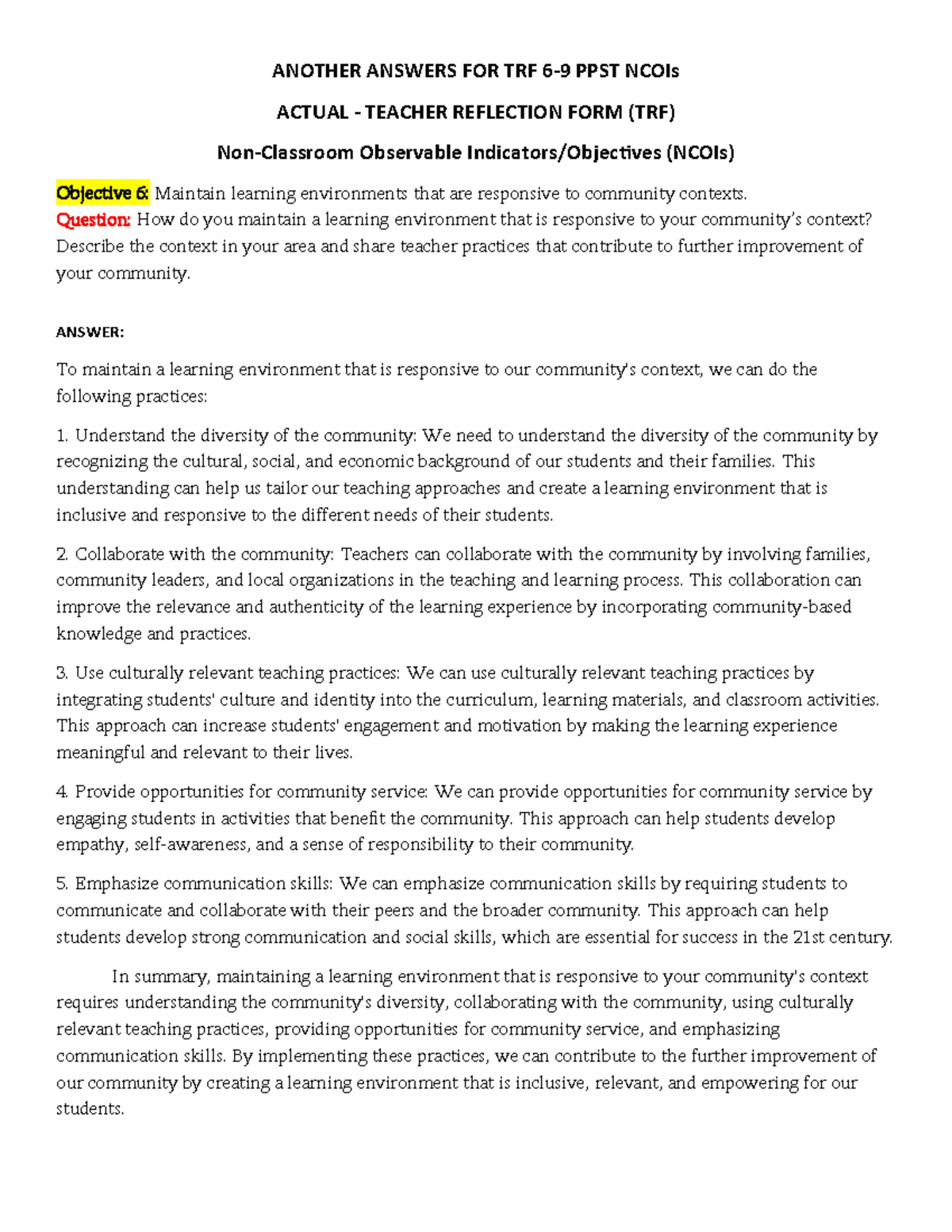 Teacher Reflection Form (TRF) NCOIs: Enhancing Responsive Learning ...