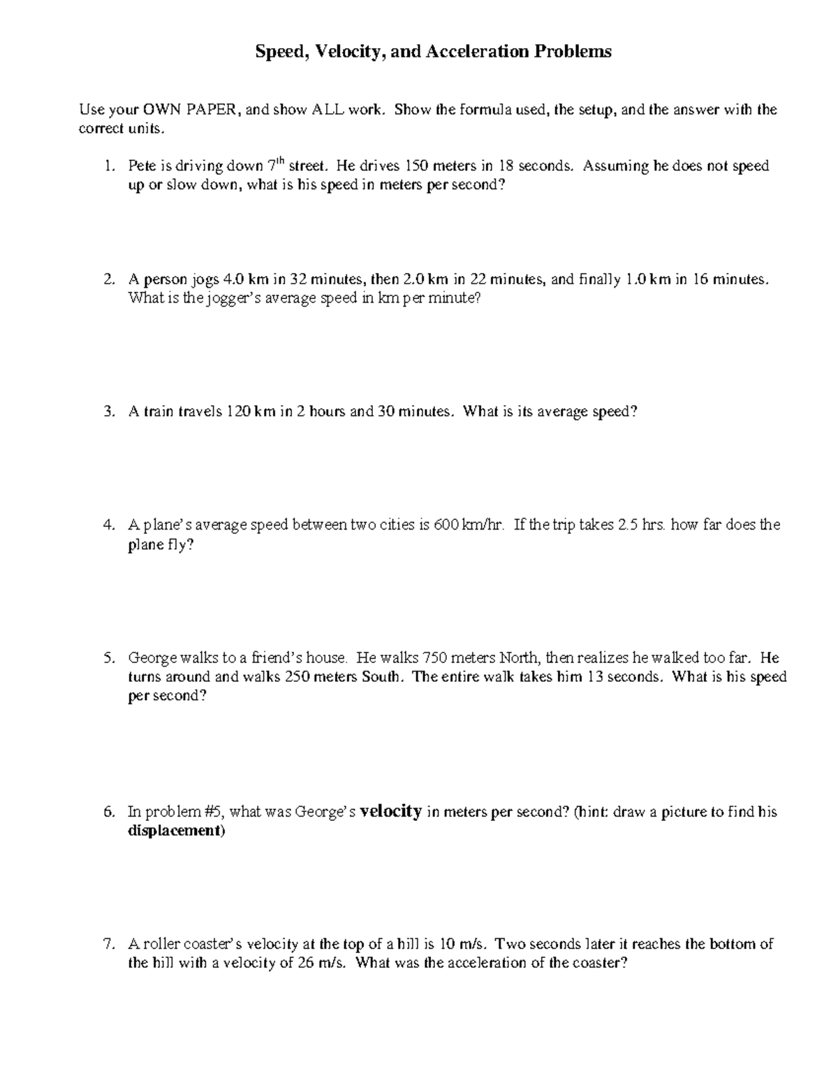 Speed, Velocity, and Acceleration Problem Set for Physics 101 - Studocu