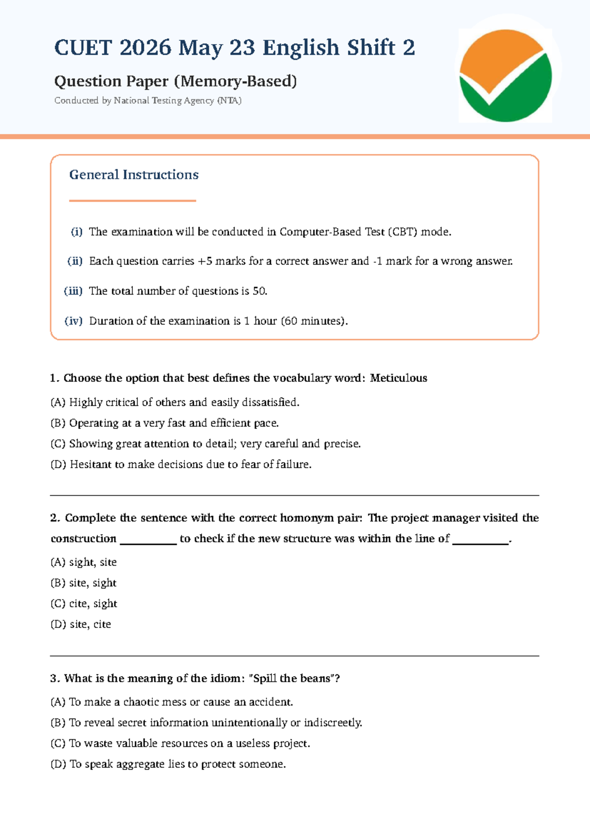 CUET 2026 May 23 Shift 2 English Question Paper - Studocu