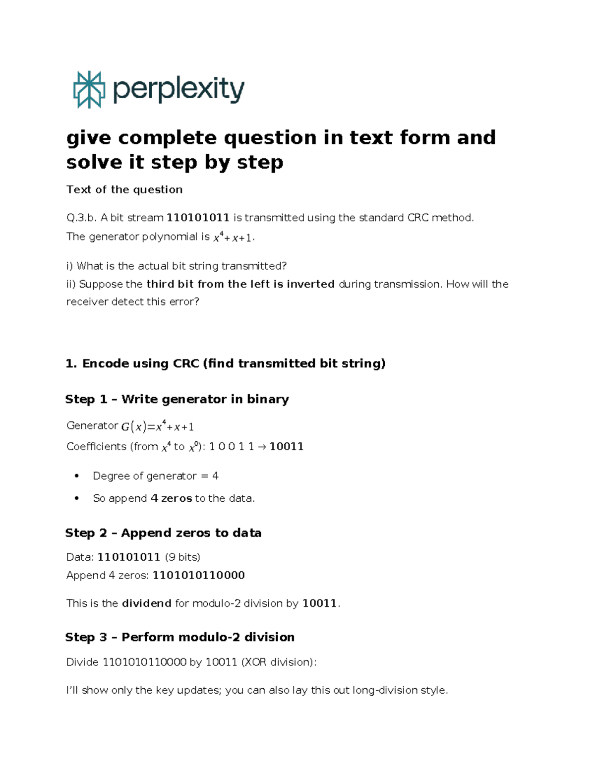 CRC Method: Bit Stream Transmission & Error Detection (Q.3.b) - Studocu