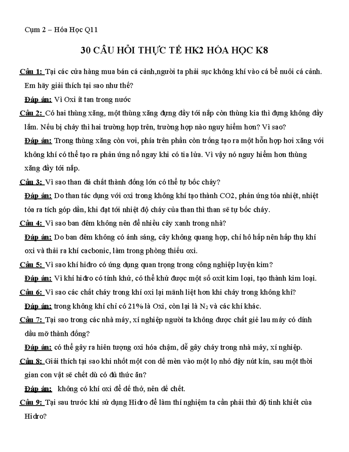 30 Câu Hỏi Thực Tế Hóa Học 8 HK2 - Q11 K8 2015-2016 - Studocu