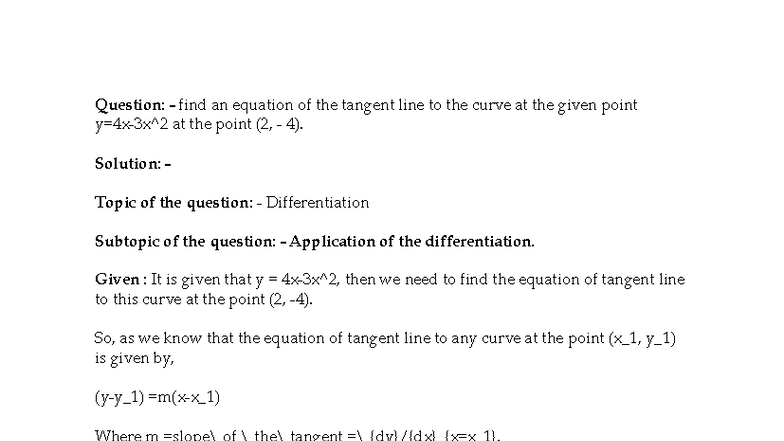 Differentiation Application: Tangent Line Equation at (2, 4) - Studocu