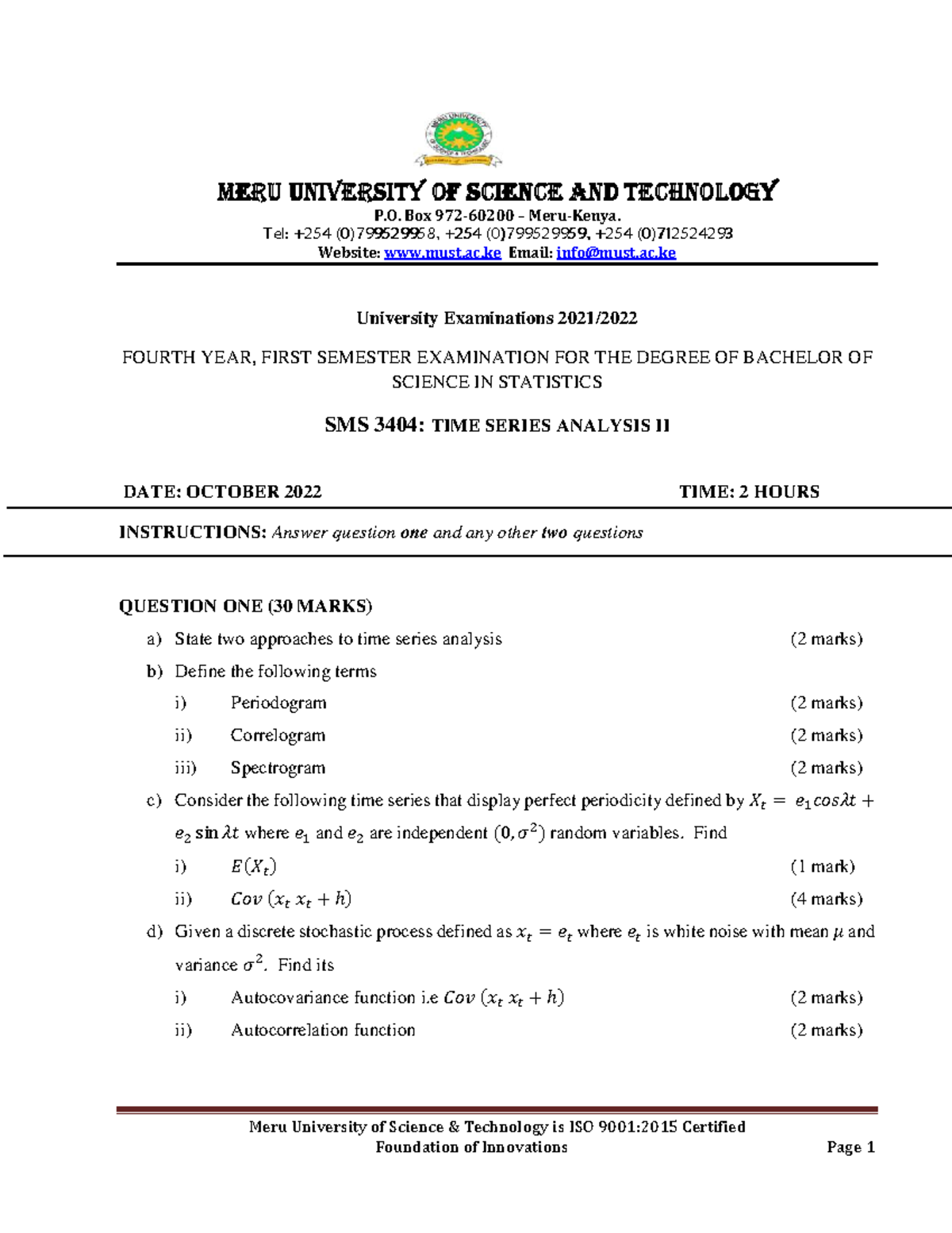 SMS 3404: Time Series Analysis II - Fourth Year Exam Notes - Studocu