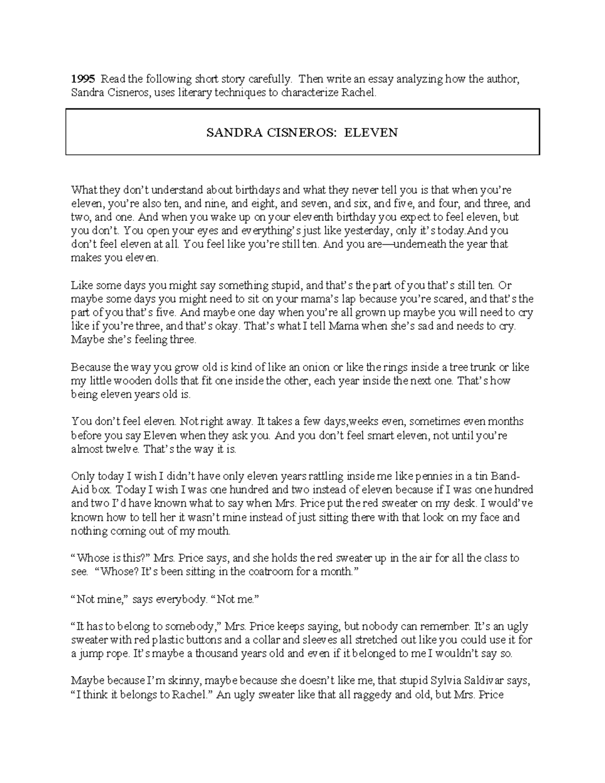 Analysis of Literary Techniques in Sandra Cisneros' "Eleven" - Essay ...