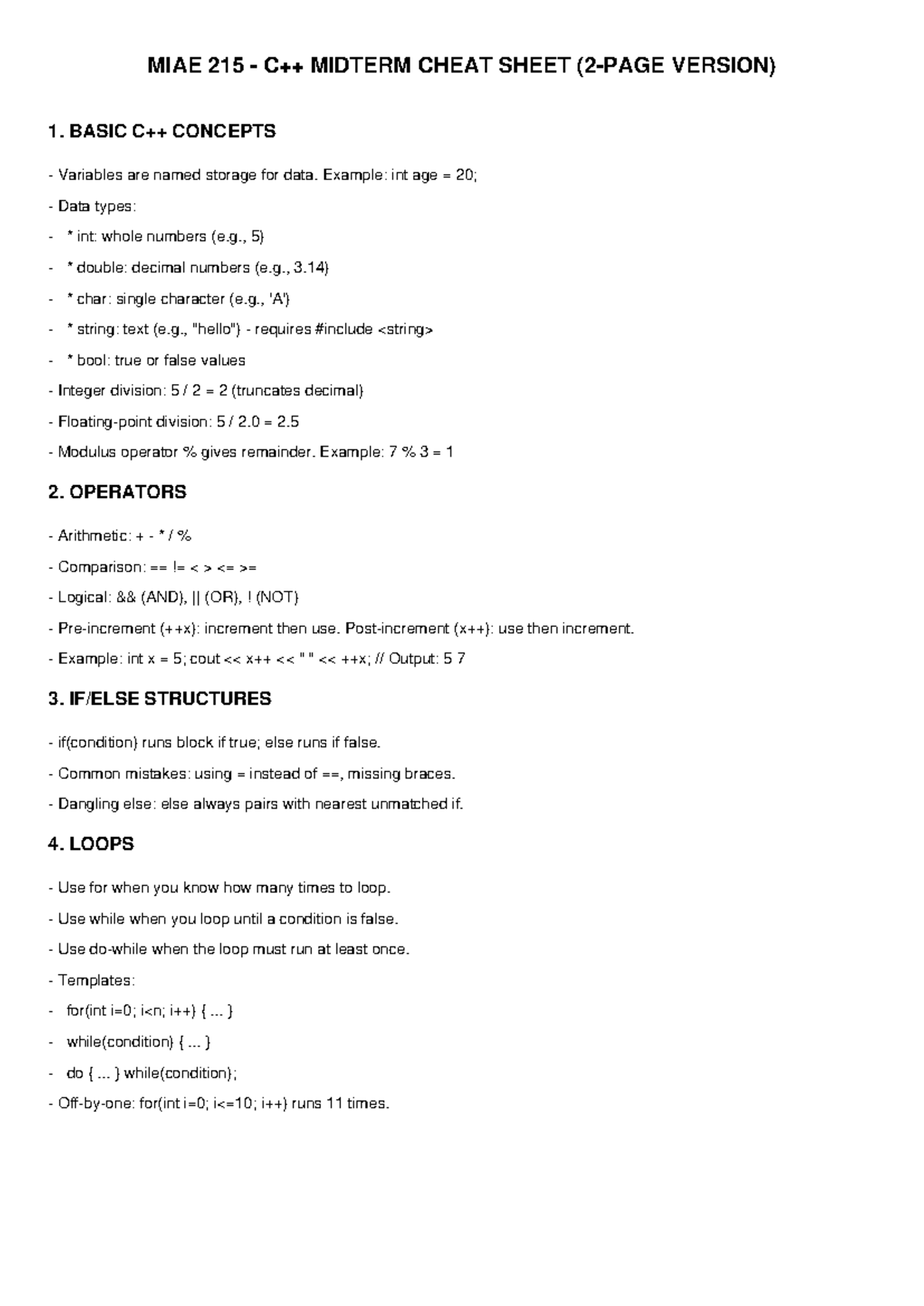 MIAE 215 MIDTERM C++ CHEAT SHEET: BASIC CONCEPTS & OPERATORS - Studocu