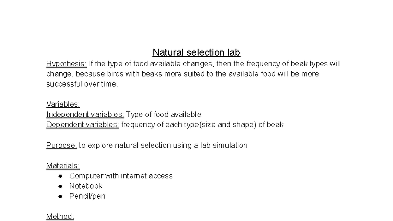 Natural Selection Lab: Beak Adaptation Simulation Analysis - Studocu