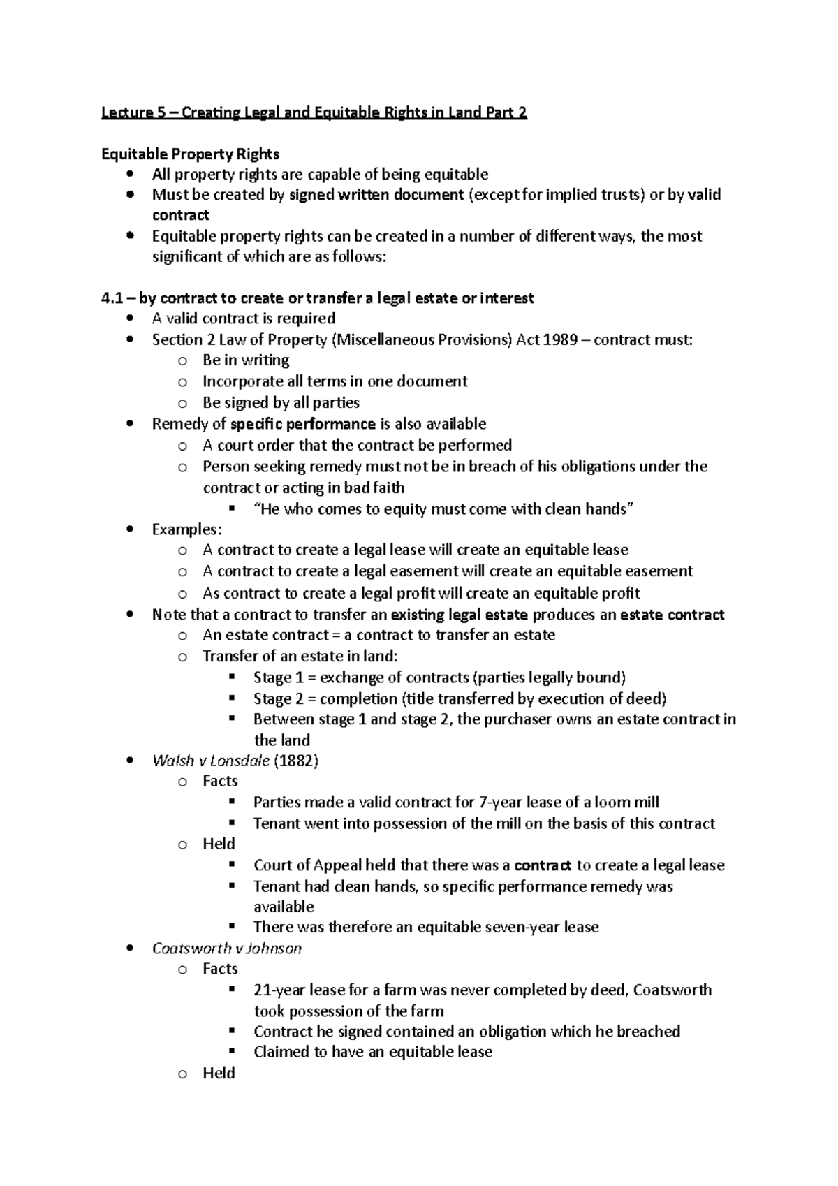 Lecture 5 - Lecture 5 – Creating Legal and Equitable Rights in Land ...