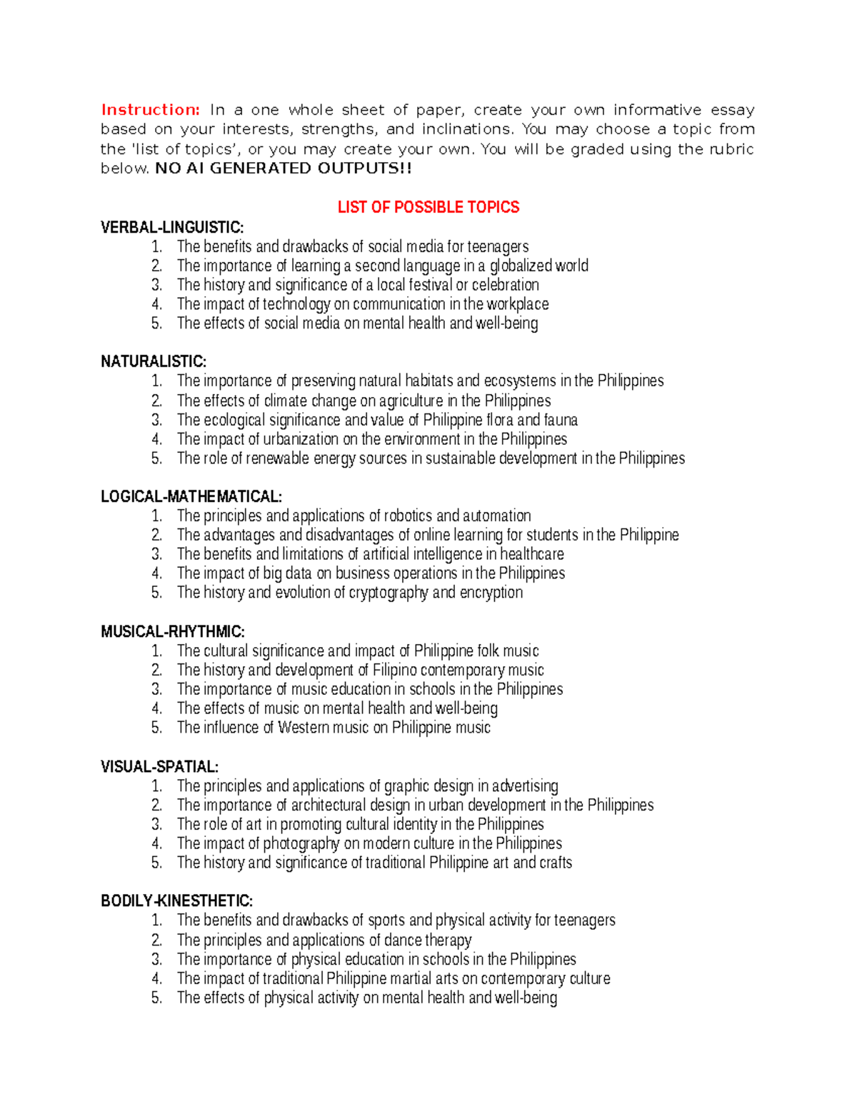 Informative Essay Assignment: Choose Your Topic of Interest - Studocu