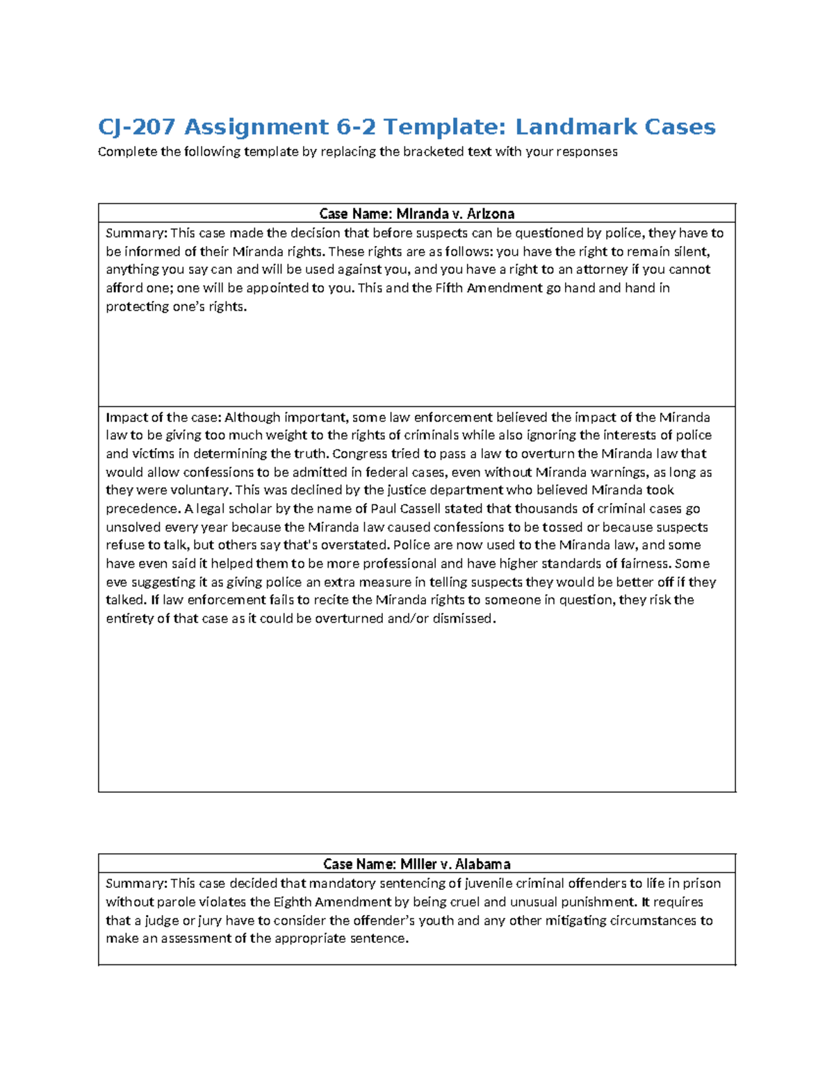 CJ-207 Assignment 6-2: Landmark Cases Overview and Analysis - Studocu