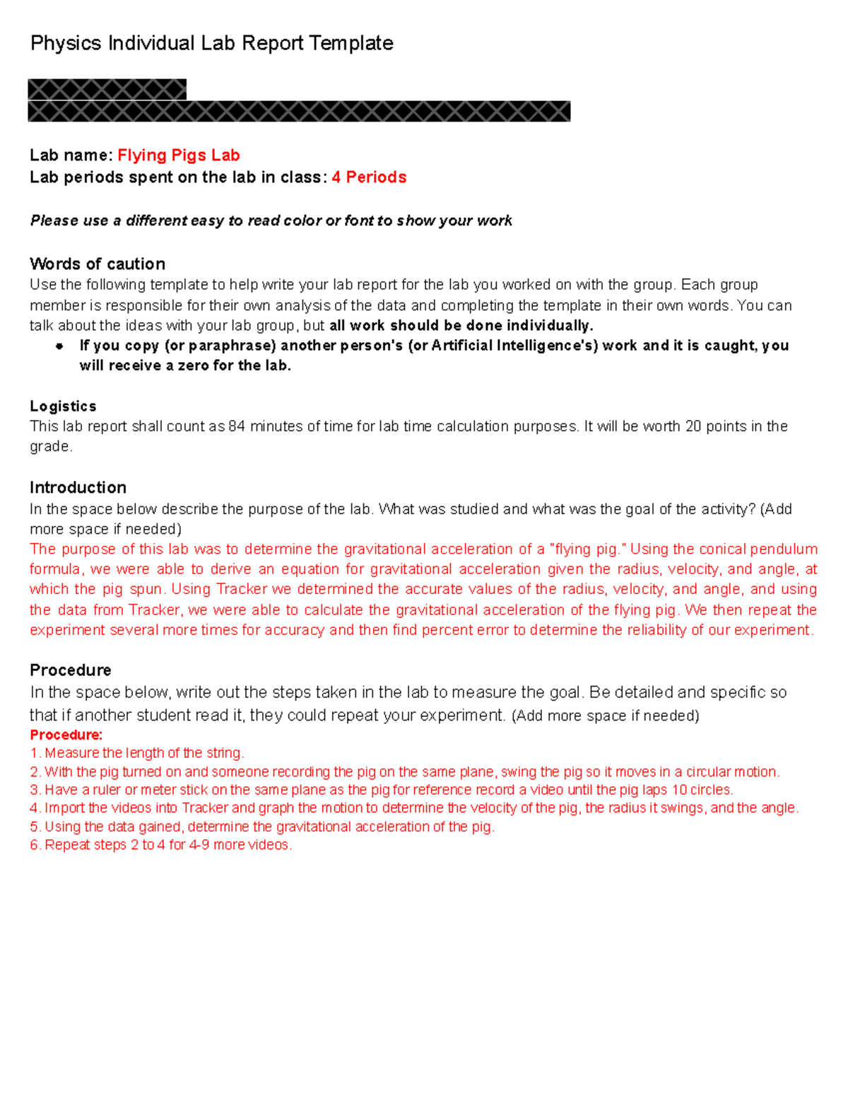 Flying Pigs Lab - Physics Individual Lab Report Template - Studocu