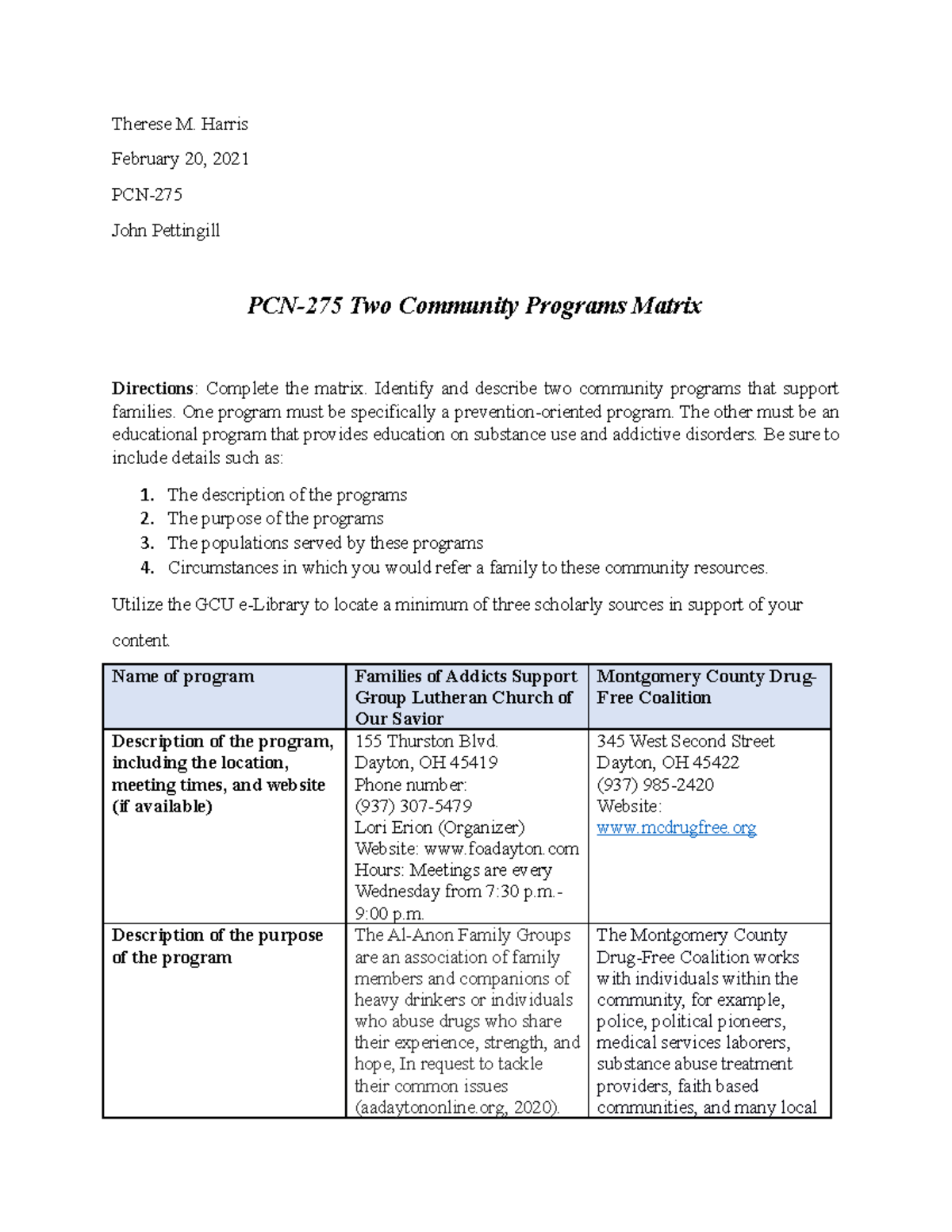 PCN-275 Matrix of Two Community Programs Supporting Families - Studocu