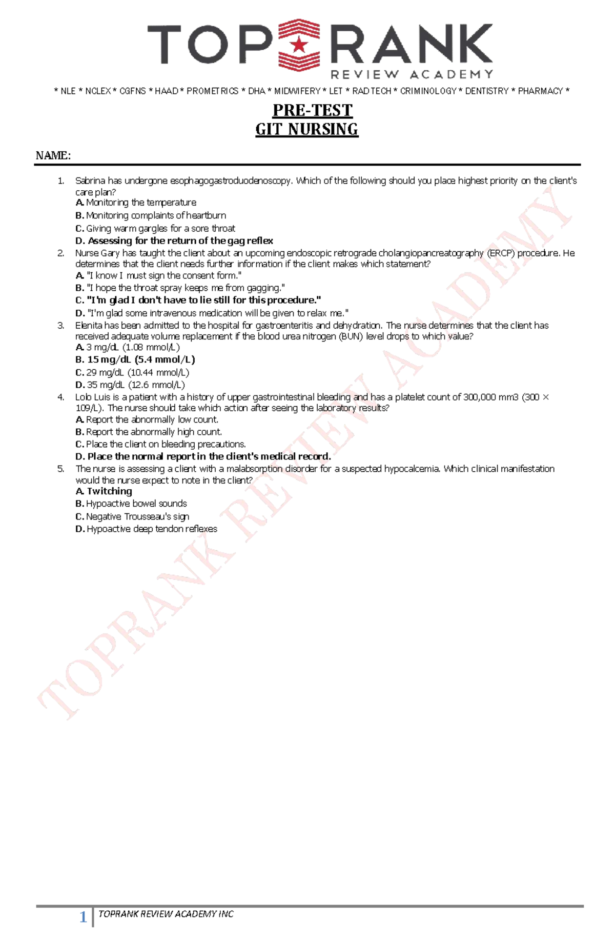 Comprehensive Pre-Test Review for GIT Nursing (NLE) - Studocu