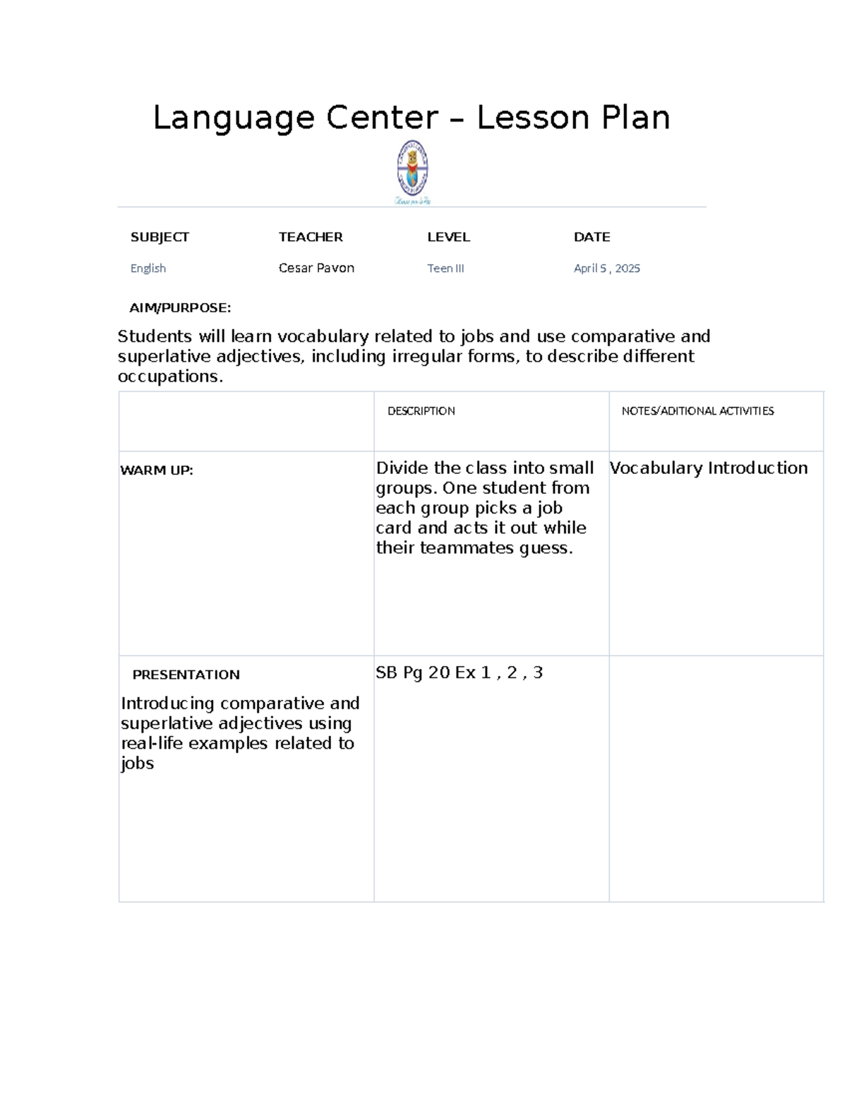 English 3 Lesson Plan: Jobs & Adjectives - April 2025 - Studocu