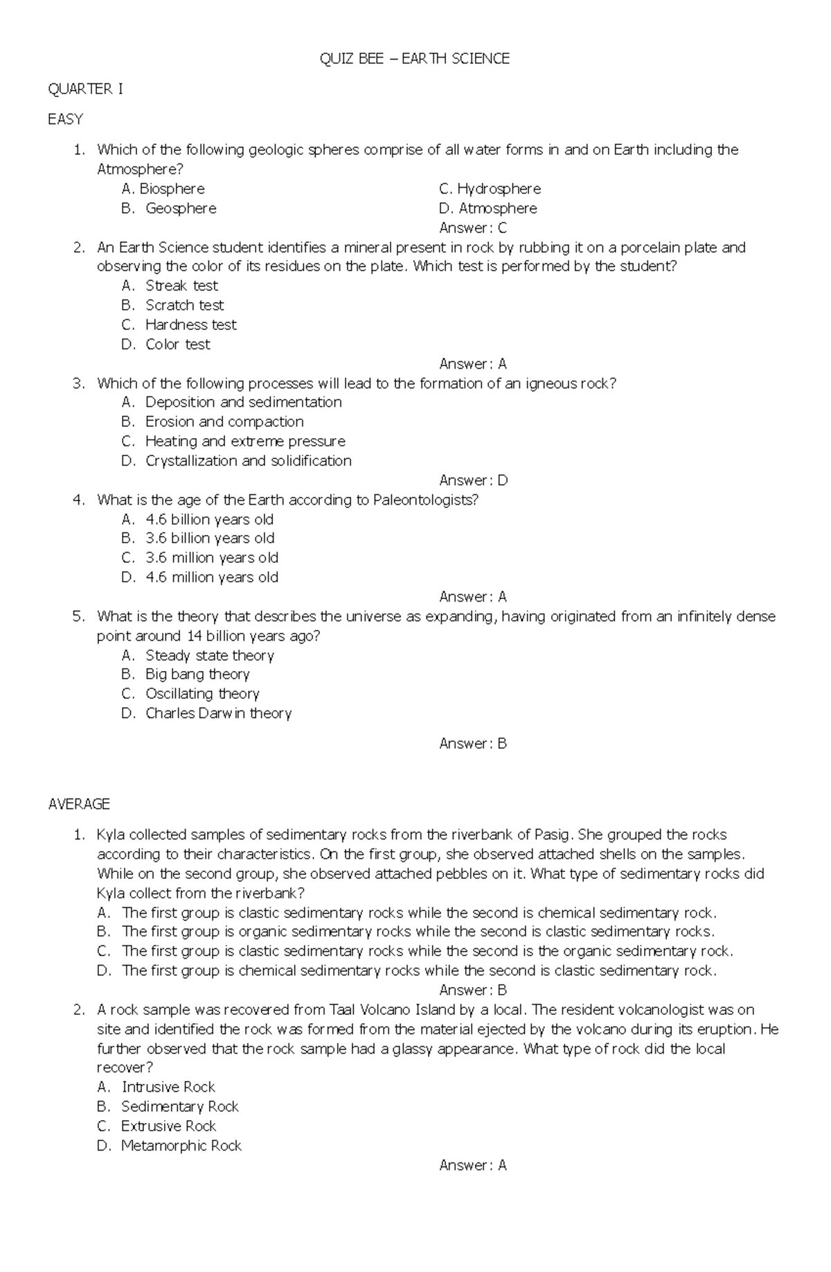 QUIZ BEE - Earth Science Review for Quarter I & II - Studocu