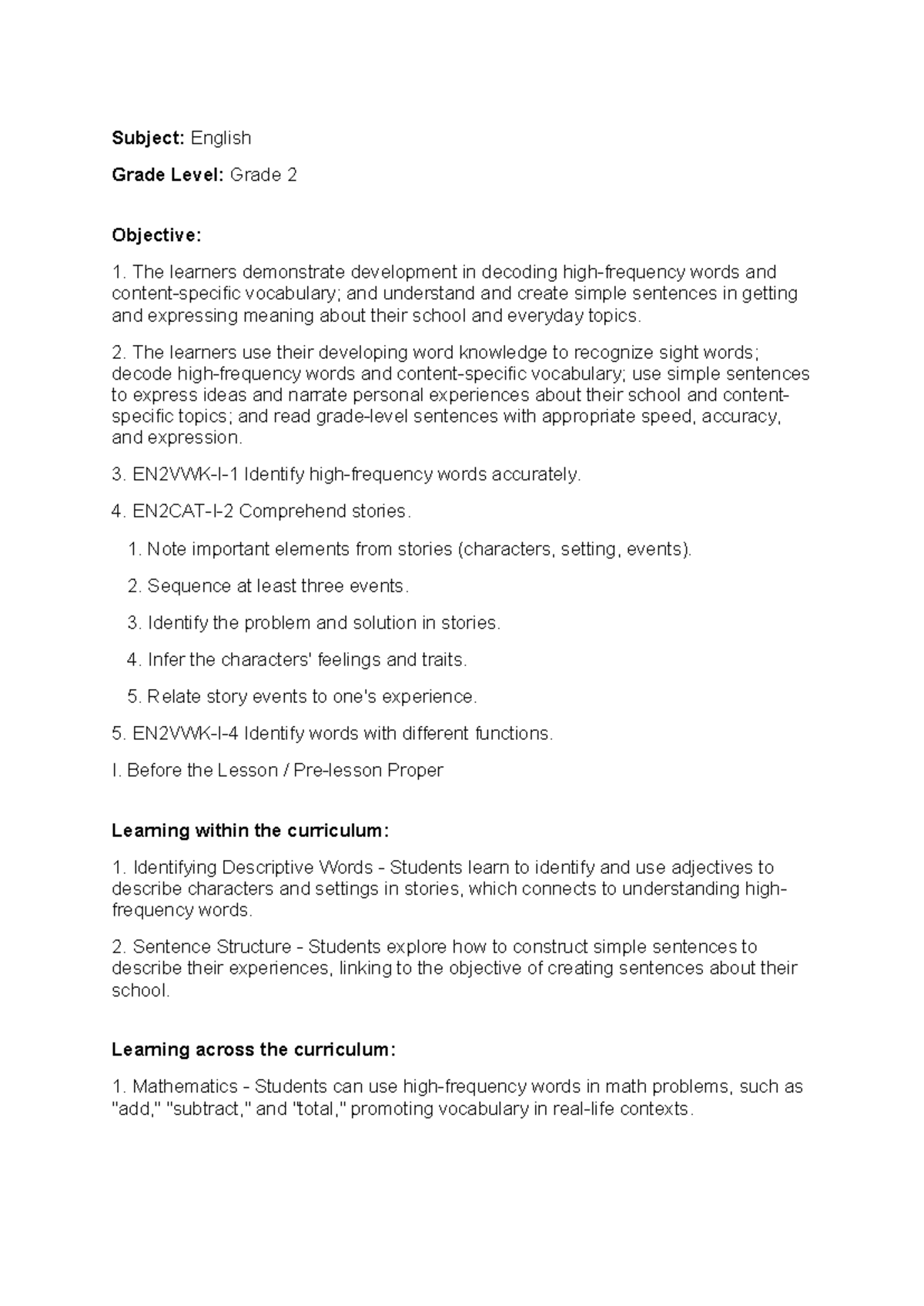 Lesson Plan: English for Grade 2 - Decoding & Sentence Creation - Studocu