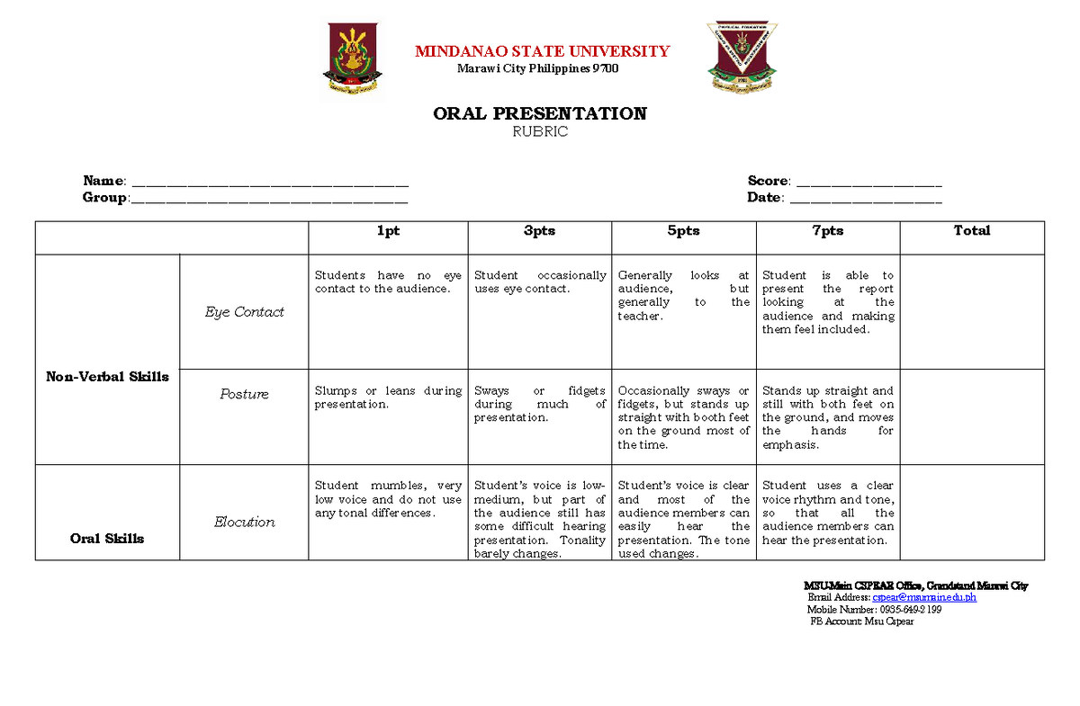 ORAL PRESENTATION RUBRIC - MINDANAO STATE UNIVERSITY - Studocu