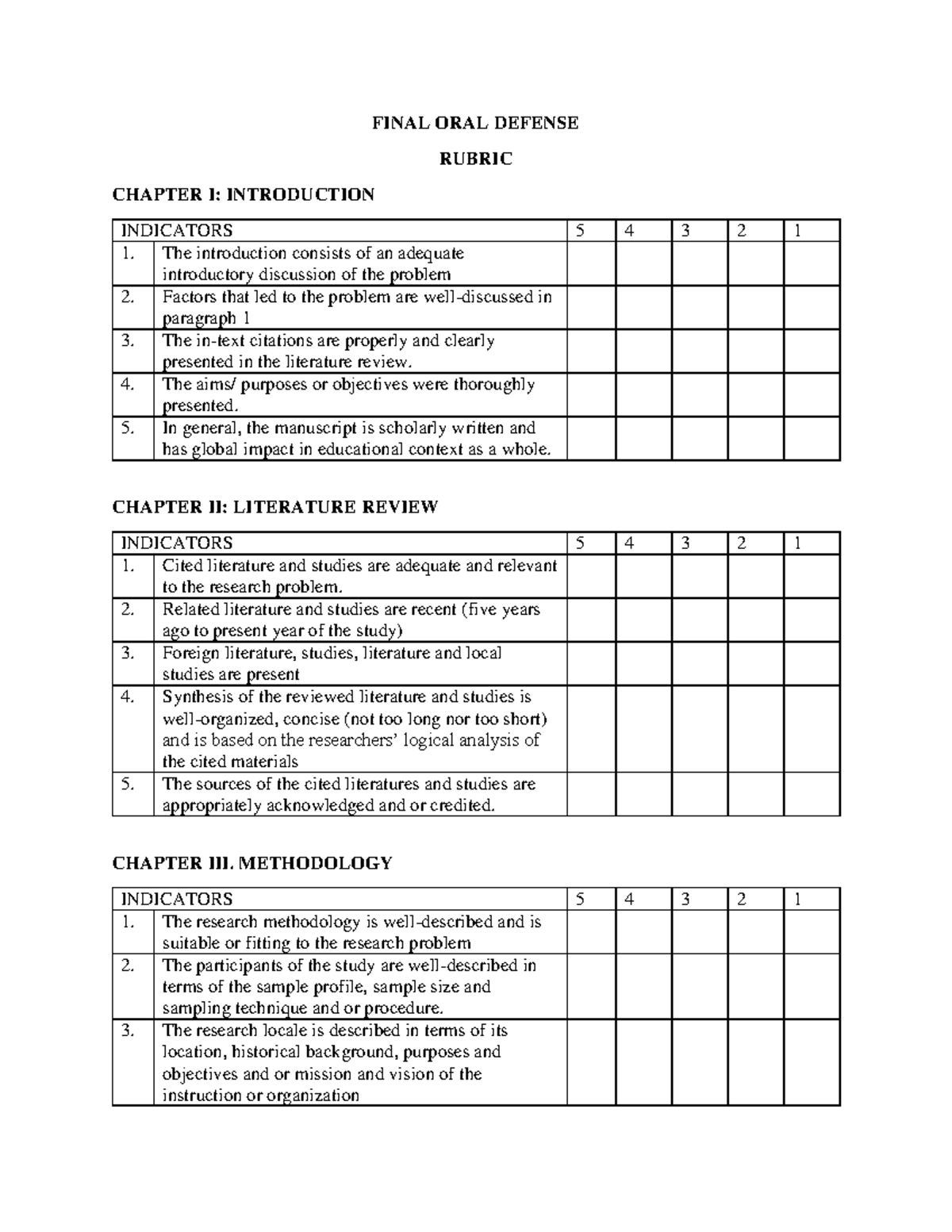 Rubric FOR Final ORAL Defense - FINAL ORAL DEFENSE RUBRIC CHAPTER I ...