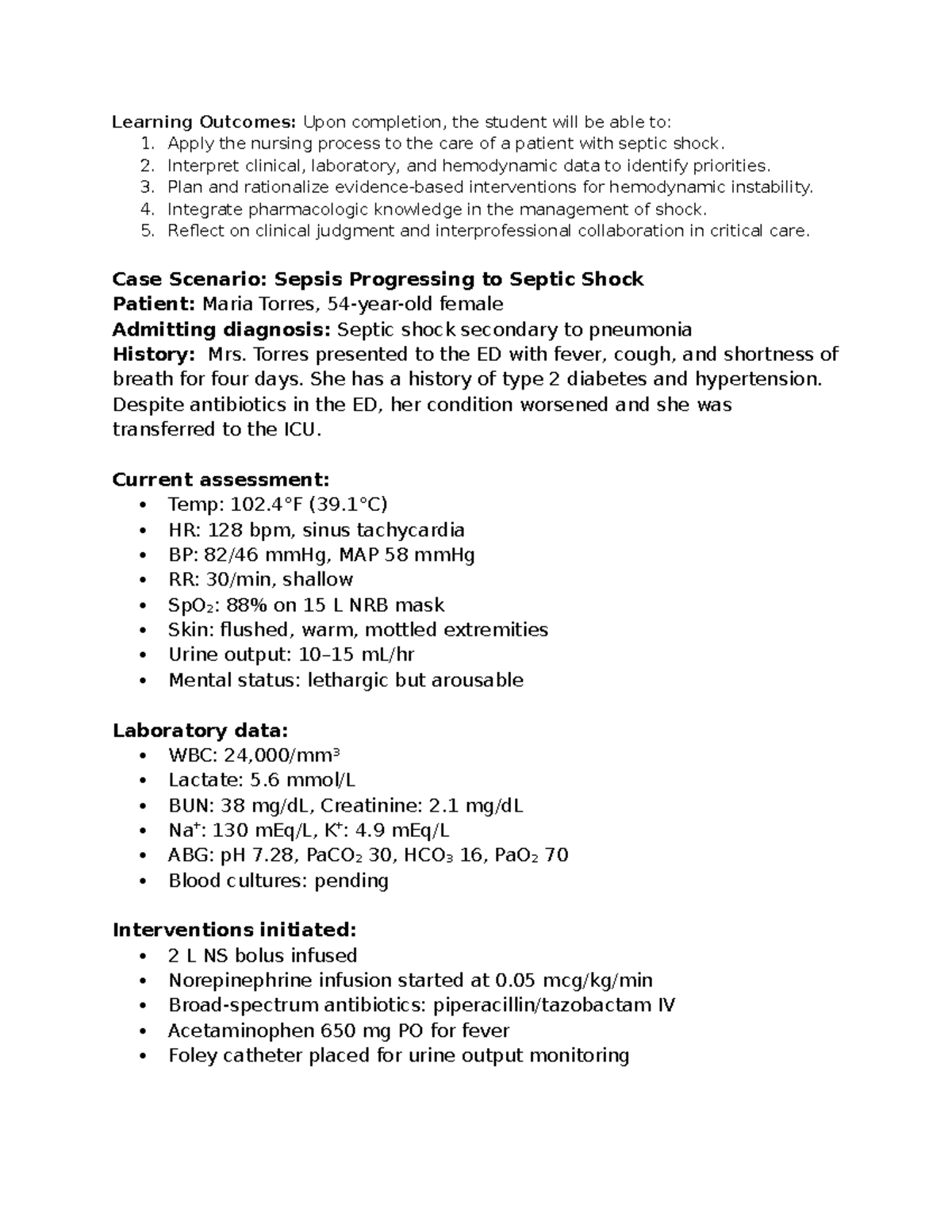 Septic Shock Case Study: Nursing Process & Interventions (NUR 301 ...