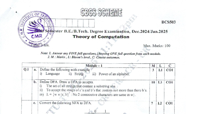 VTU BCS503 Theory of Computation Question Paper Dec 2024 - Jan 2025 ...