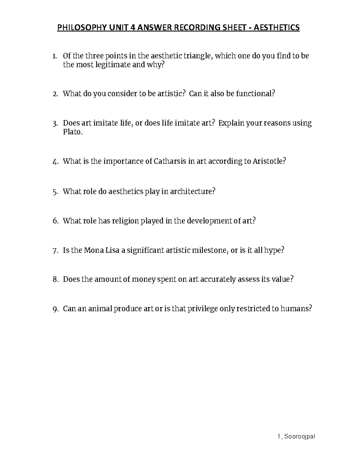 U4 Philosophy Aesthetics End of Unit Answer Sheet - Studocu