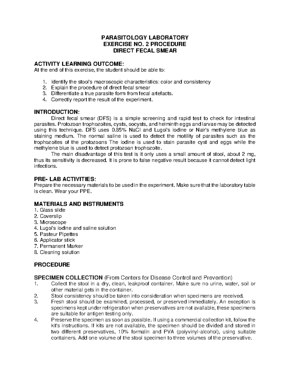 Parasitology Lab CH 2: Direct Fecal Smear Procedure Guide - Studocu