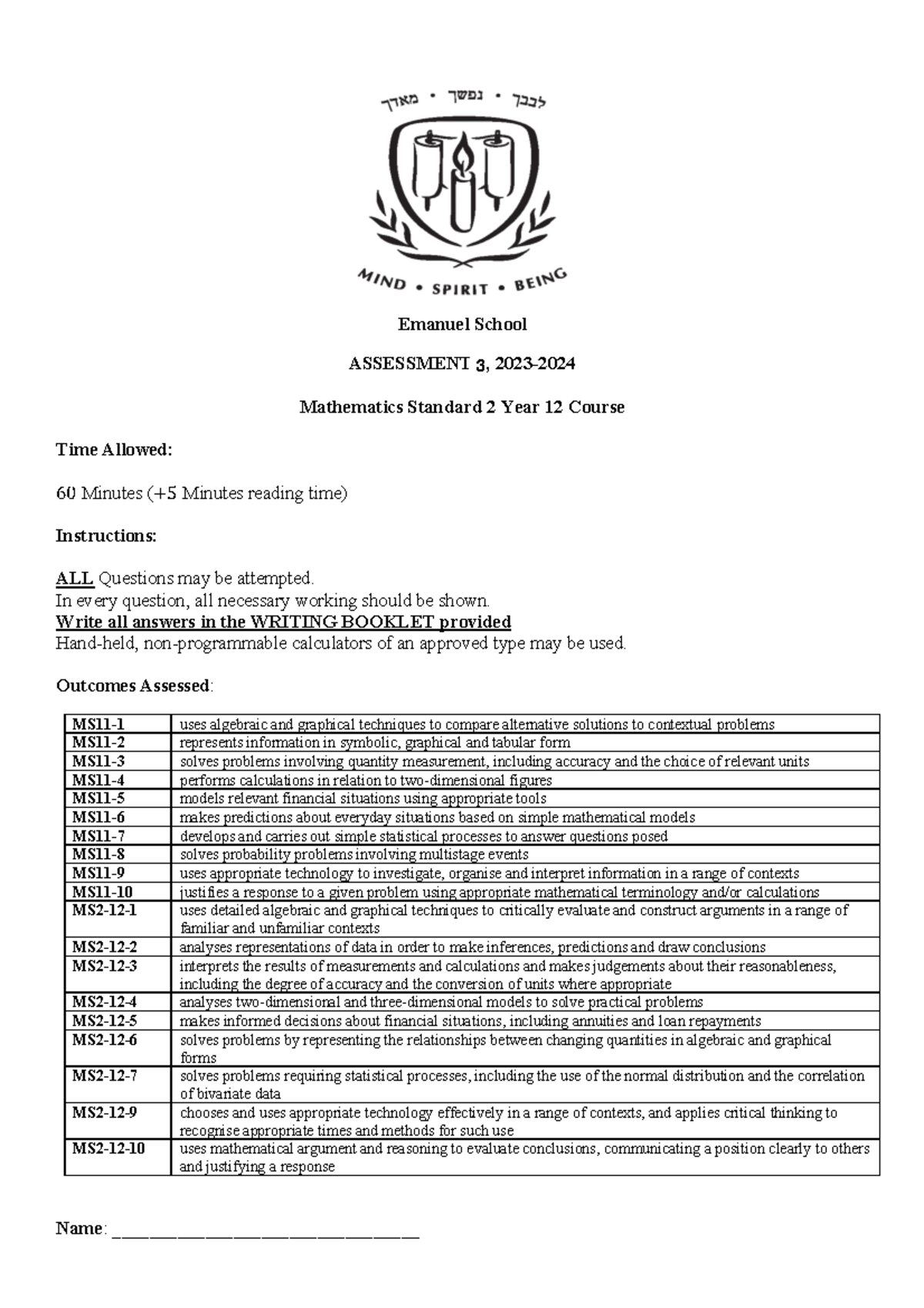 2024 Mathematics Standard 2 Year 12 Assessment 3 Exam - Studocu