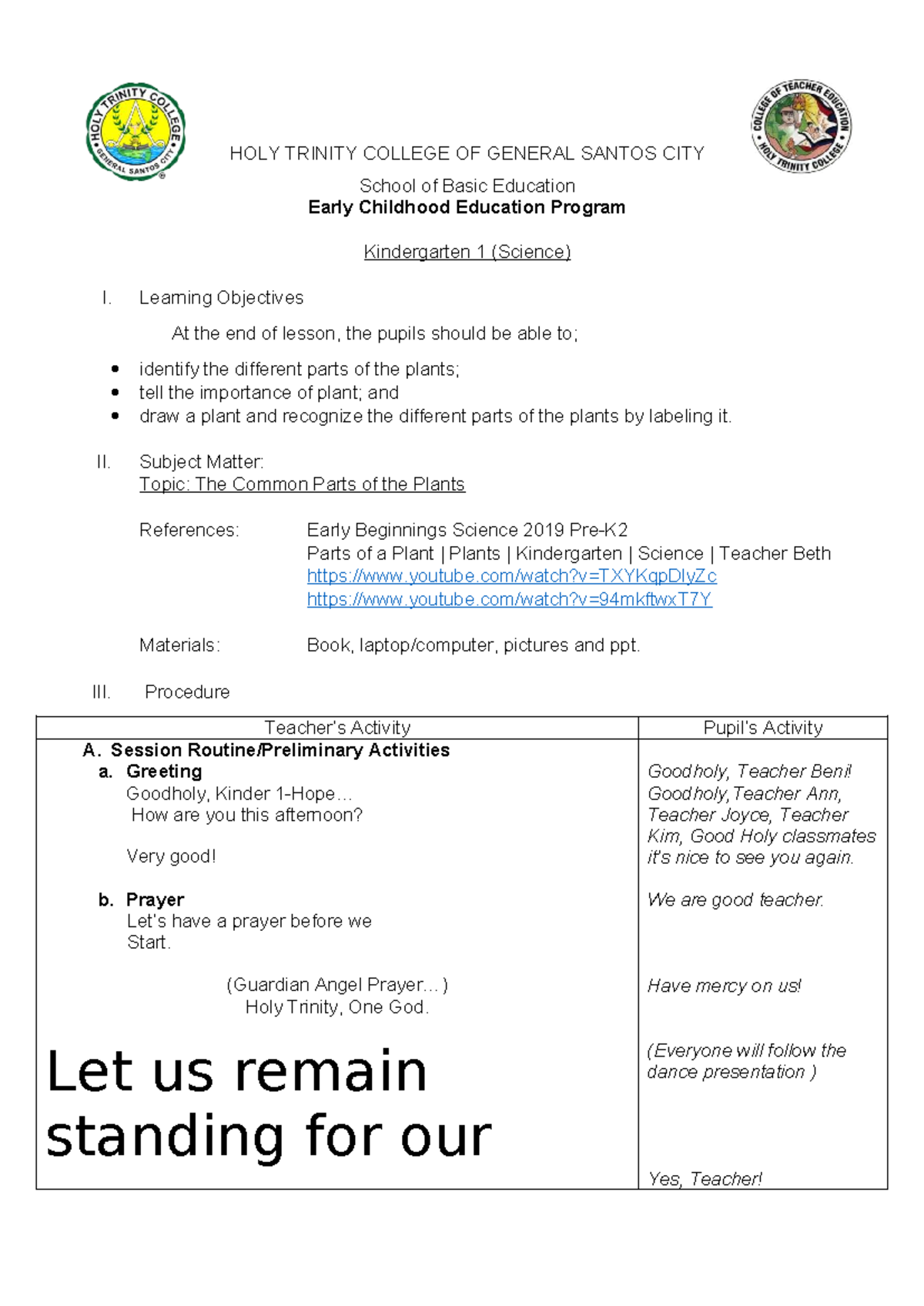 Kinder 1 Science Lesson Plan: Parts of a Plant - Studocu