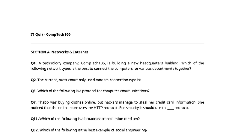 IT Quiz CompTech106: Networks, Hardware, Linux & Spreadsheets - Studocu