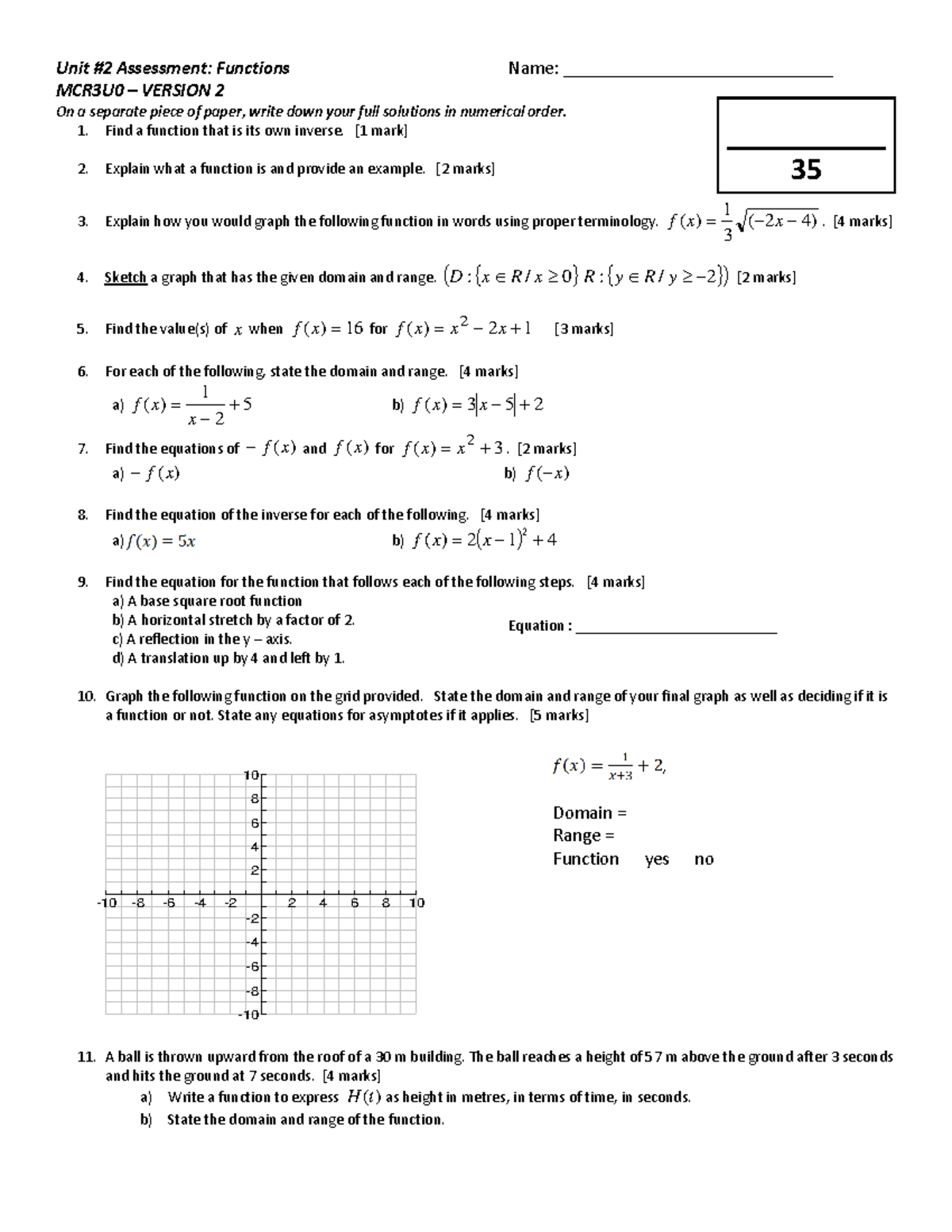 Unit 2 Test: Functions MCR3U0 Assessment Solutions - Studocu