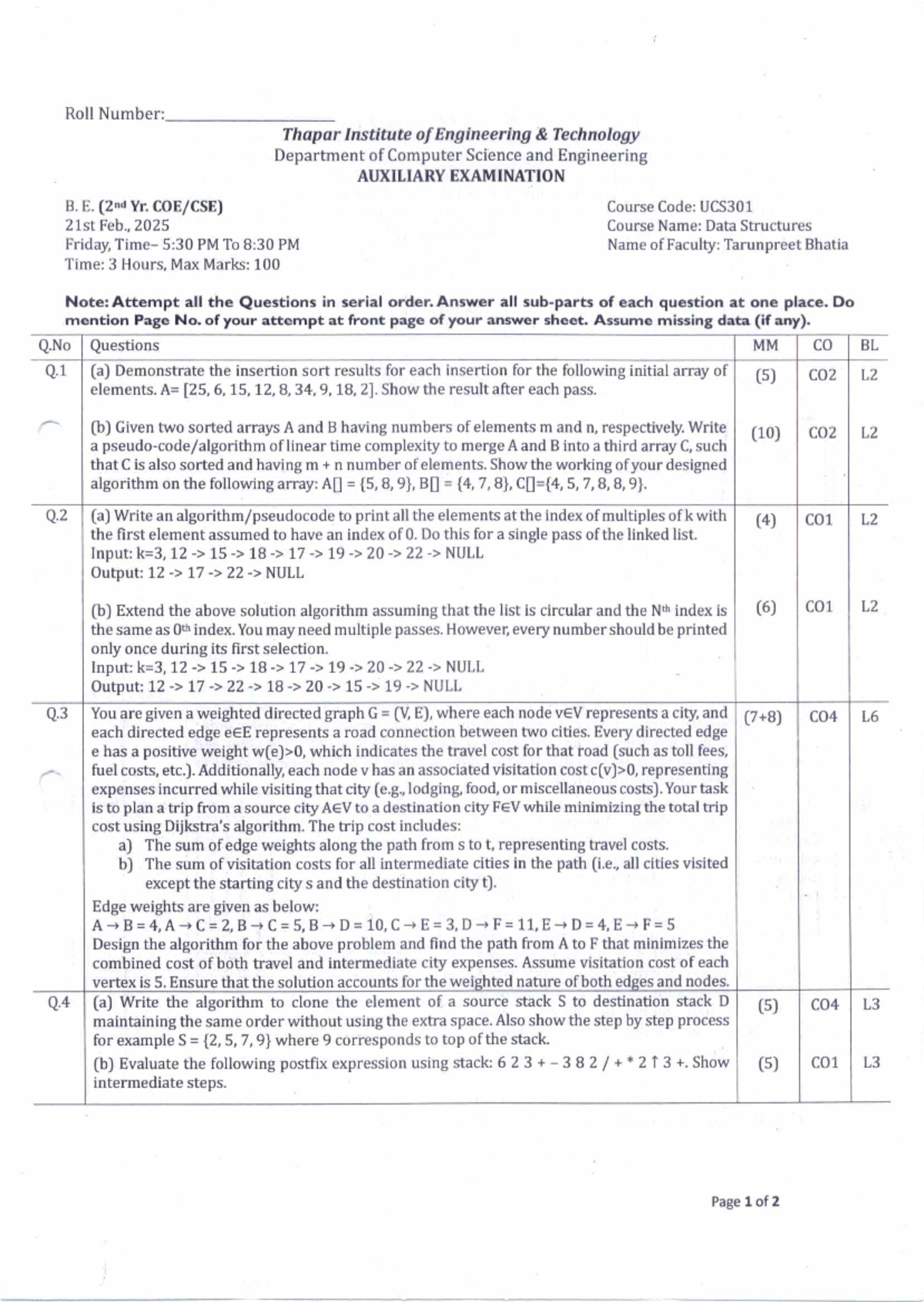 UCS301 Auxiliary Exam Paper - Data Structures (Feb 21, 2025) - Studocu