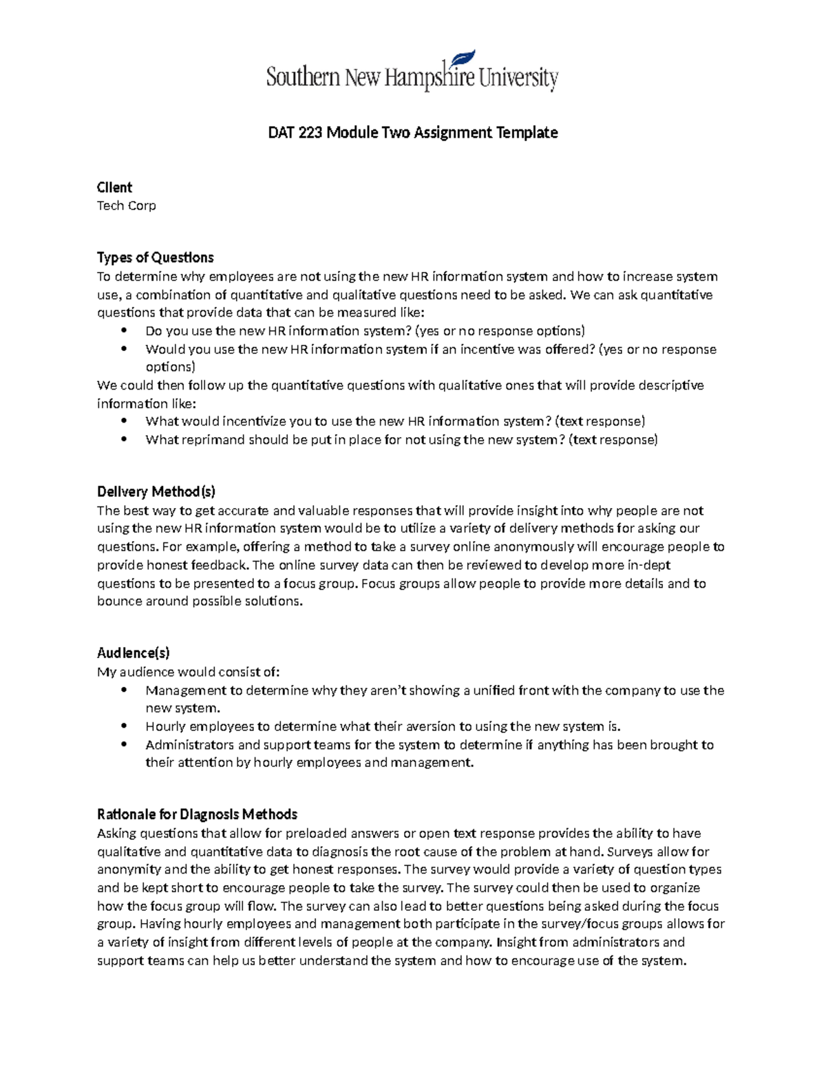 2-2 Assignment Diagnosing Problems - DAT 223 Module Two Assignment Template Client Tech Corp ...