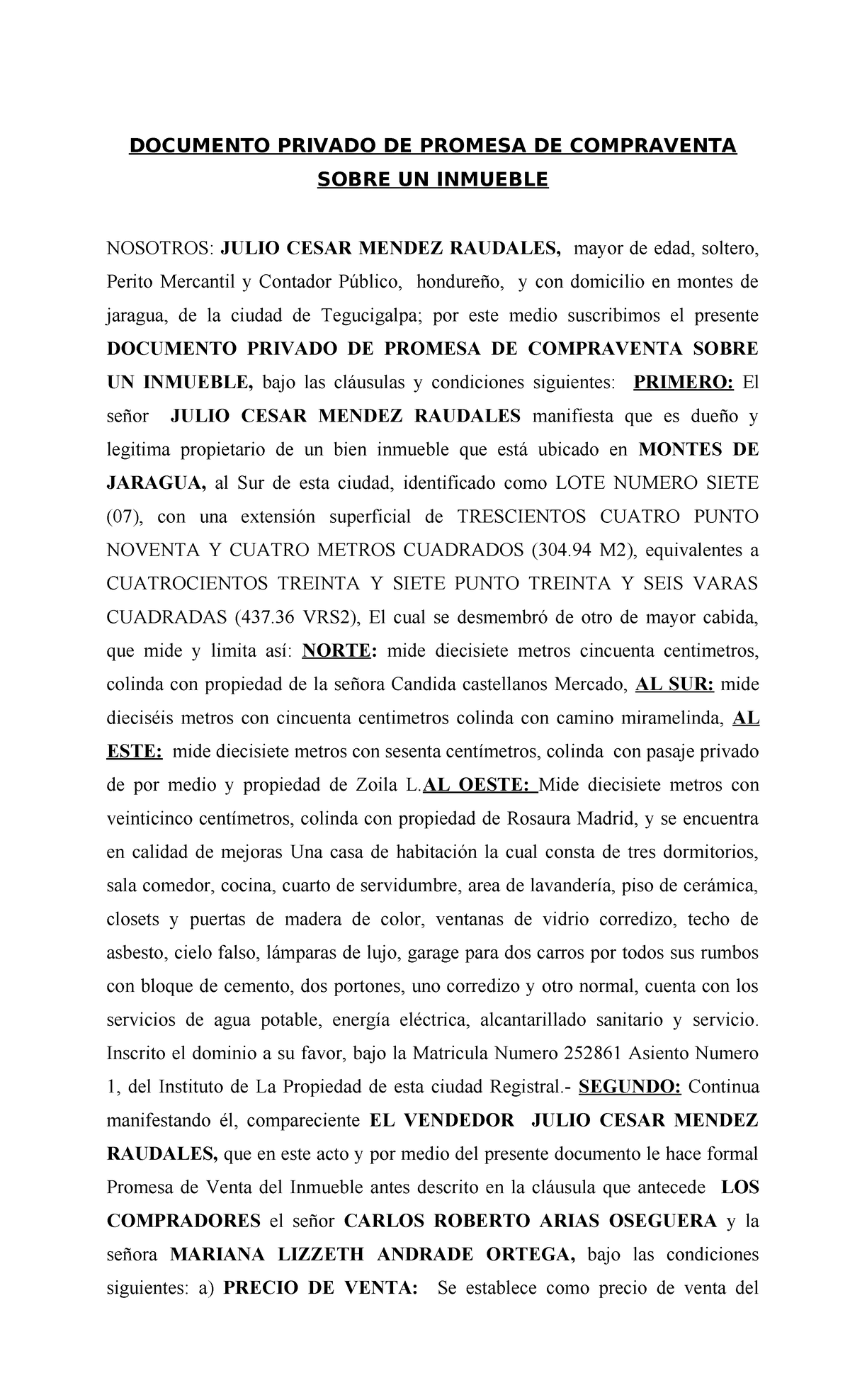 Promesa de Compraventa Inmueble - Julio Cesar Mendez Raudales - Studocu