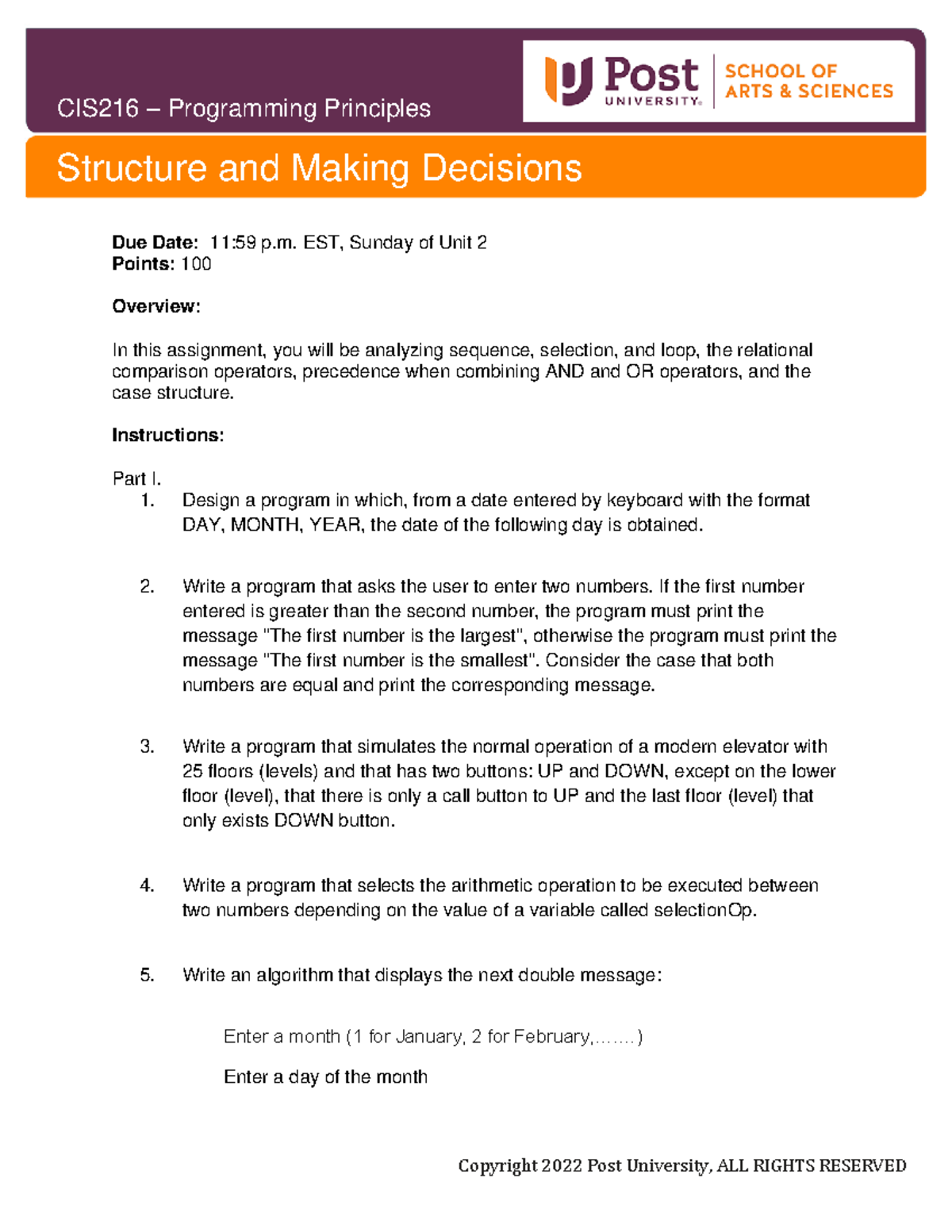 CIS216 Unit 2 Assignment - Due Date: 11:59 p. EST, Sunday of Unit 2 ...
