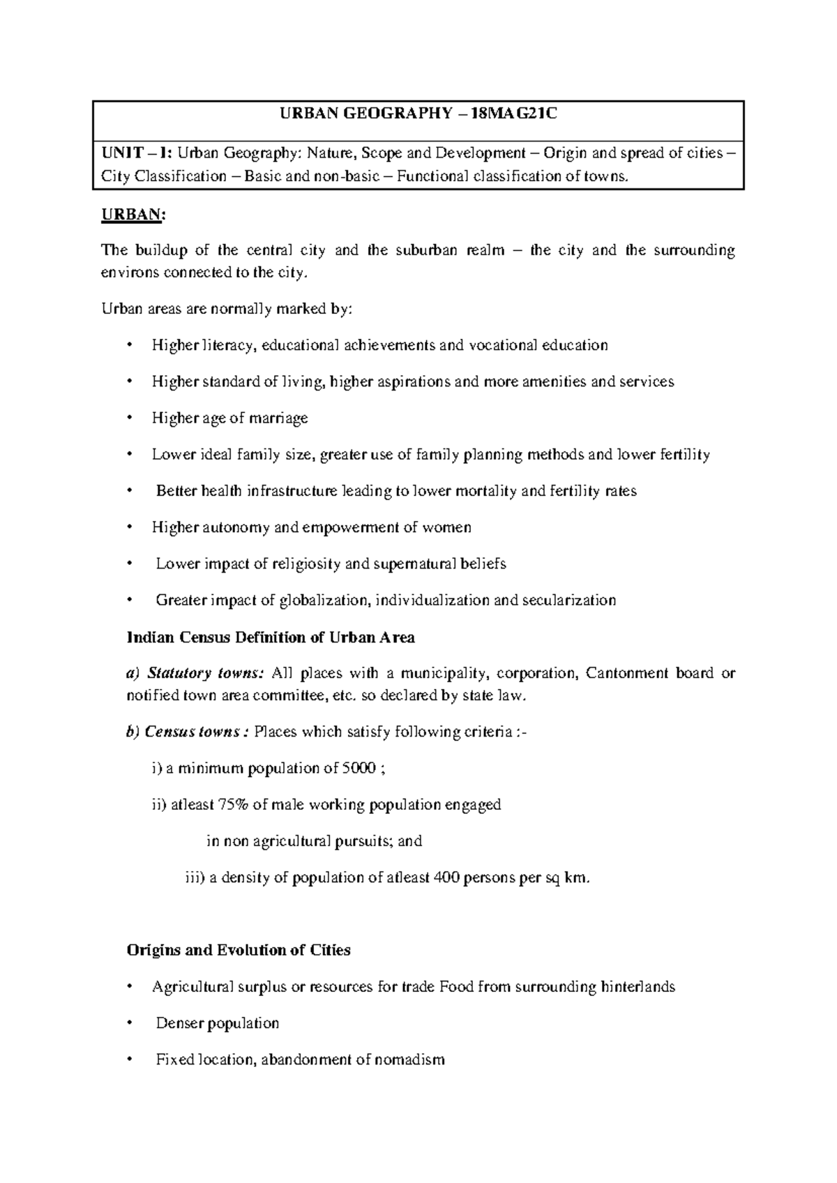 Urban Geography Notes (18MAG21C): Concepts, Evolution, and ...