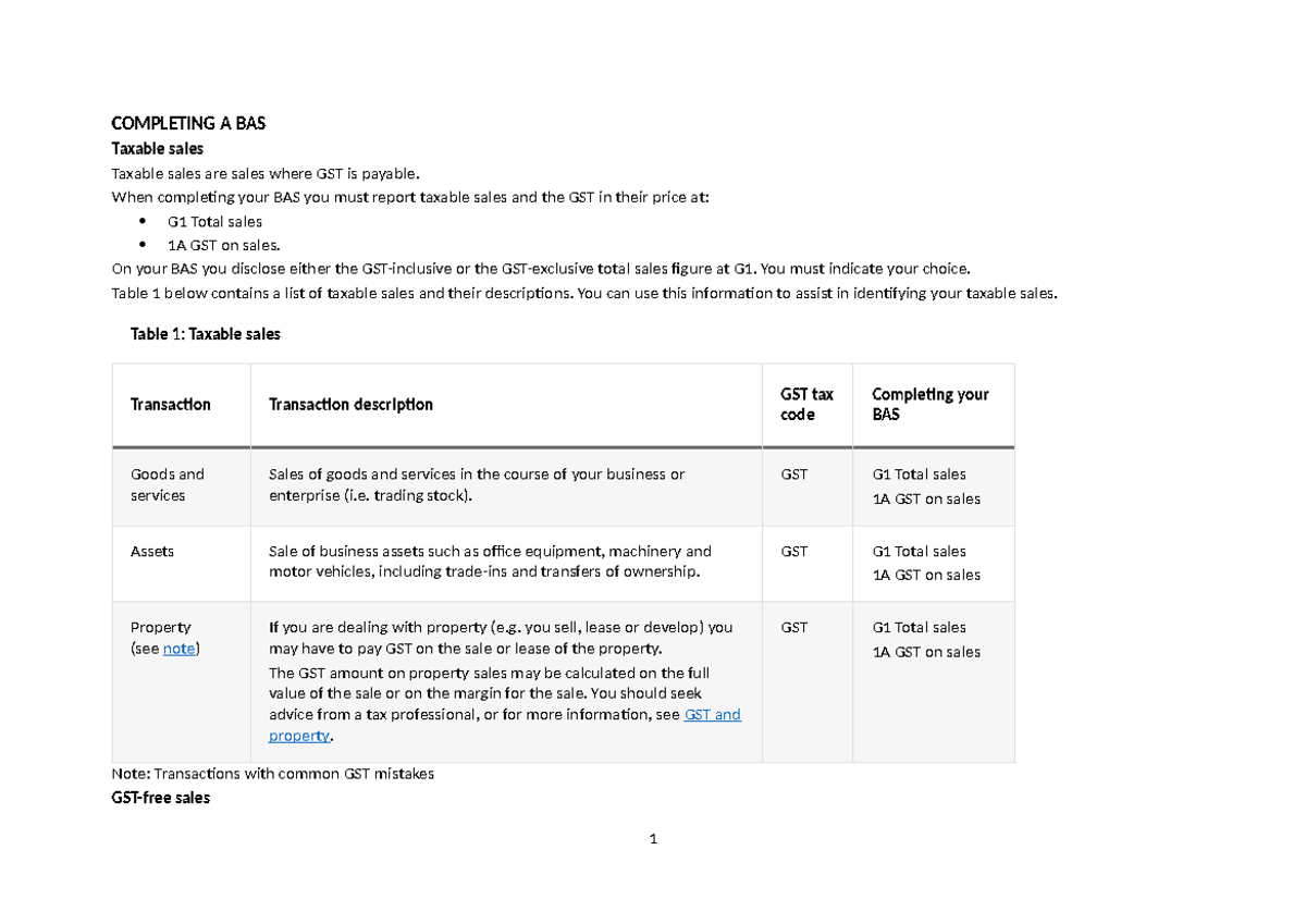 FACT Sheet: Completing a BAS for Taxable Sales and GST - Studocu