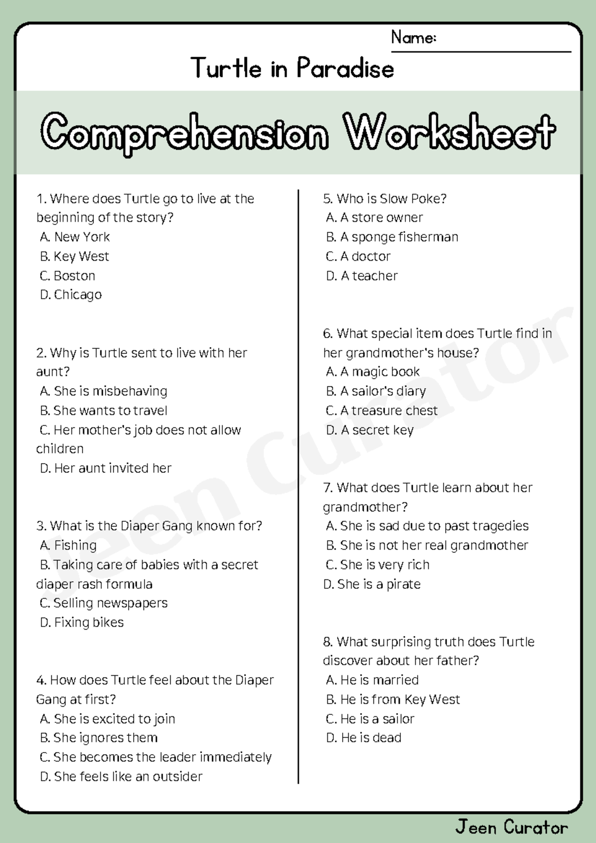 Turtle in Paradise Comprehension Questions Worksheet by Jeen - Studocu