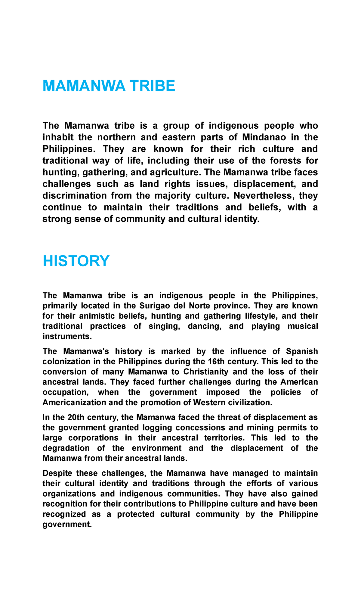 Mamanwa Tribe: Cultural Heritage and Challenges - Assignment - Studocu