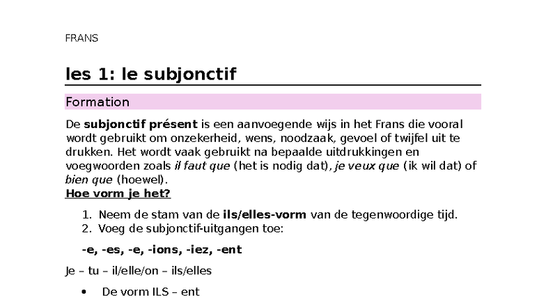 FRANS: Subjonctif en Présent et Vocabulaire d'Entreprise - Studocu