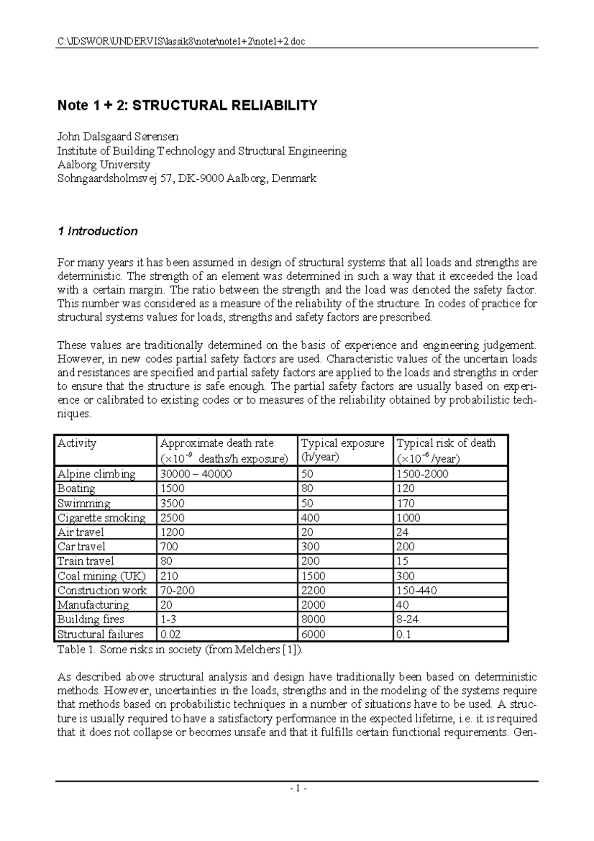 Structural Reliability Analysis - Note 1 2 by John Dalsgaard Sørensen ...
