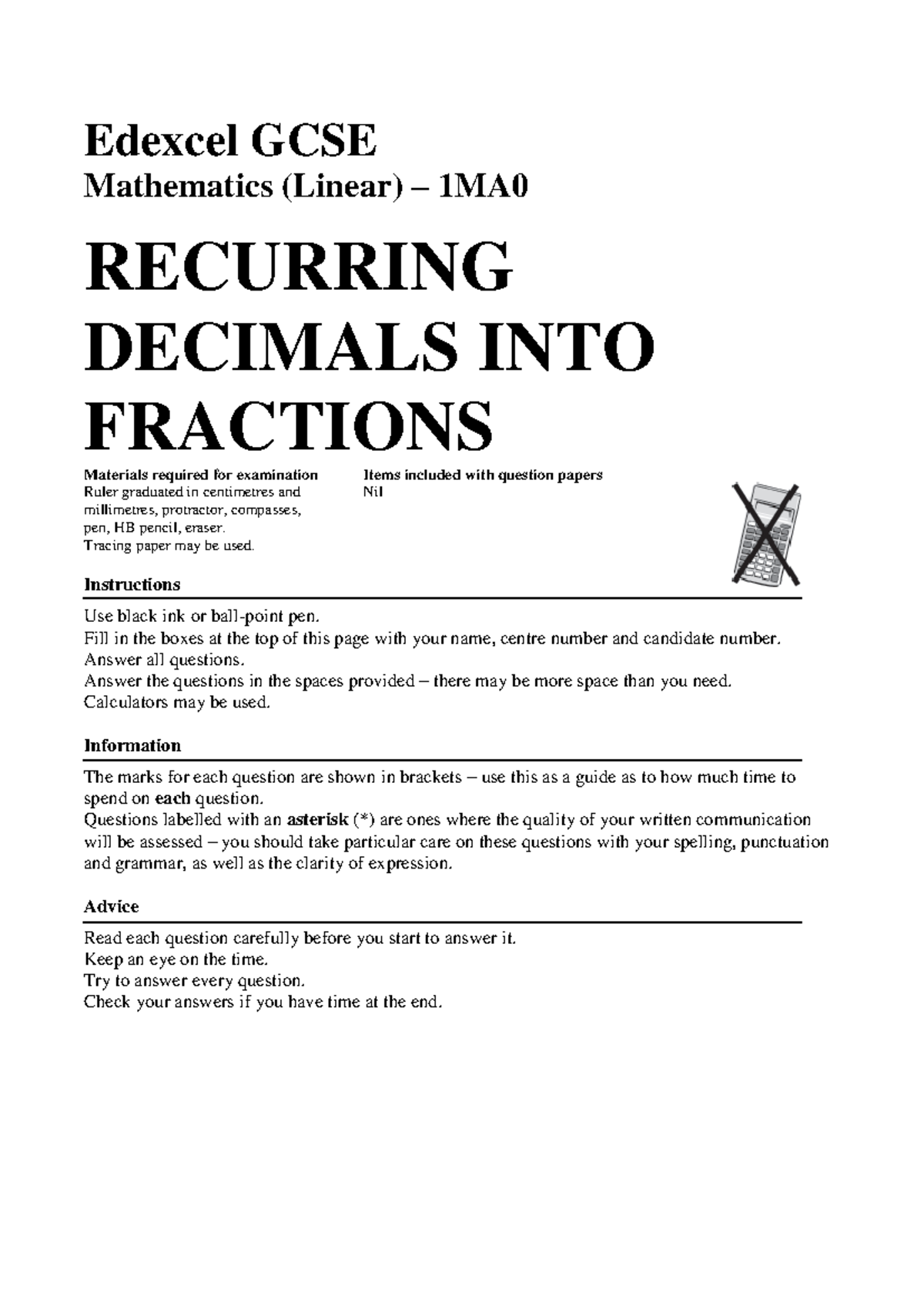 Recurring-decimals-into-fractions - Edexcel GCSE Mathematics (Linear ...